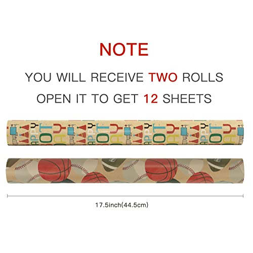 RUSPEPA Kraft Wrapping Paper Sheet - Football and Birthday Printed, Great for Boys, Baby Shower, Holiday - 12 Sheets Packed as 2 rolls - 17.5 x 30 Inch per sheet