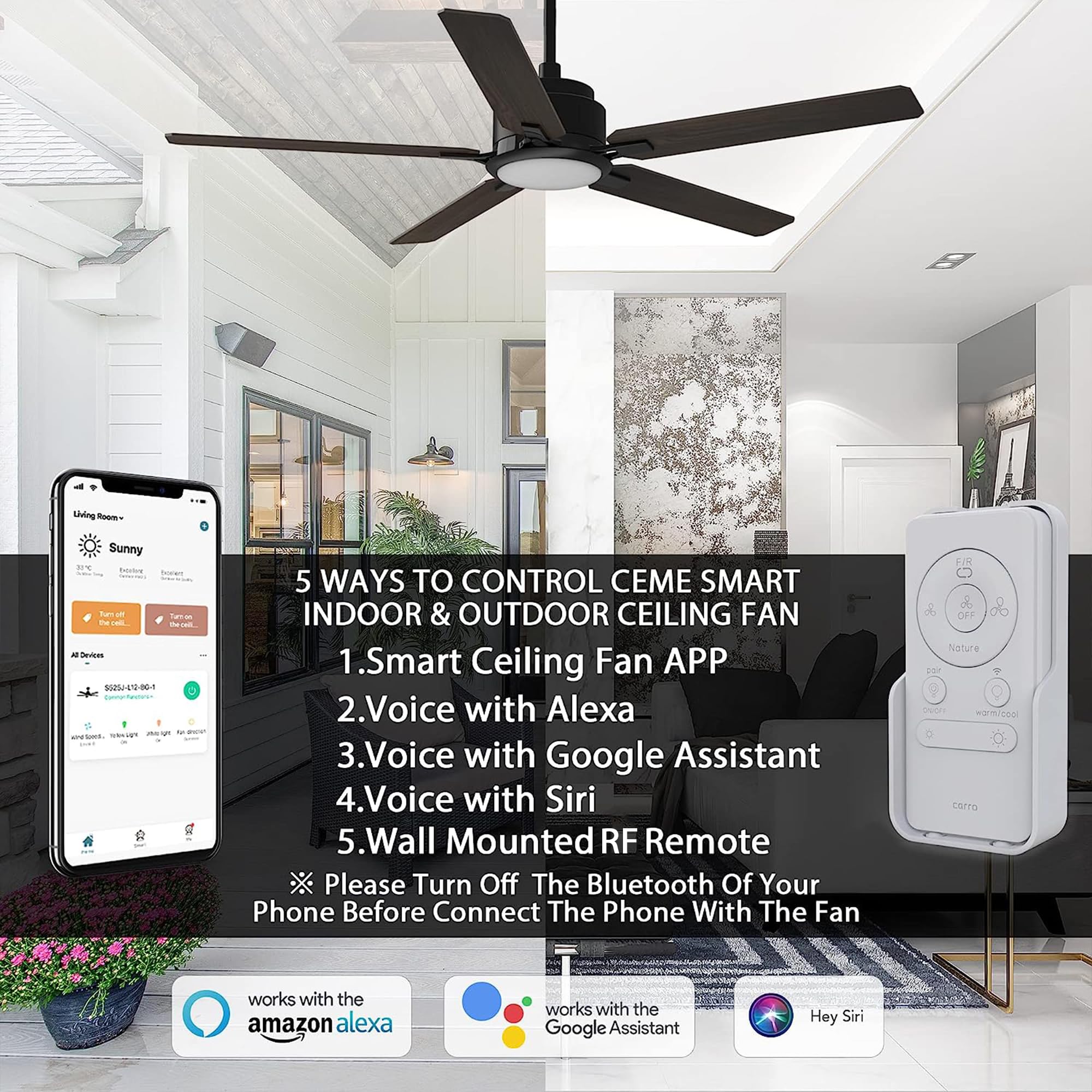 52β Smart Ceiling Fan With Light, Low Profile With 10 Speeds, Silent DC Motor, Farmhouse Ceiling Fan Compatible with Alexa, Siri, Google & Smart App, Black & Walnut,Indoor & Outdoor