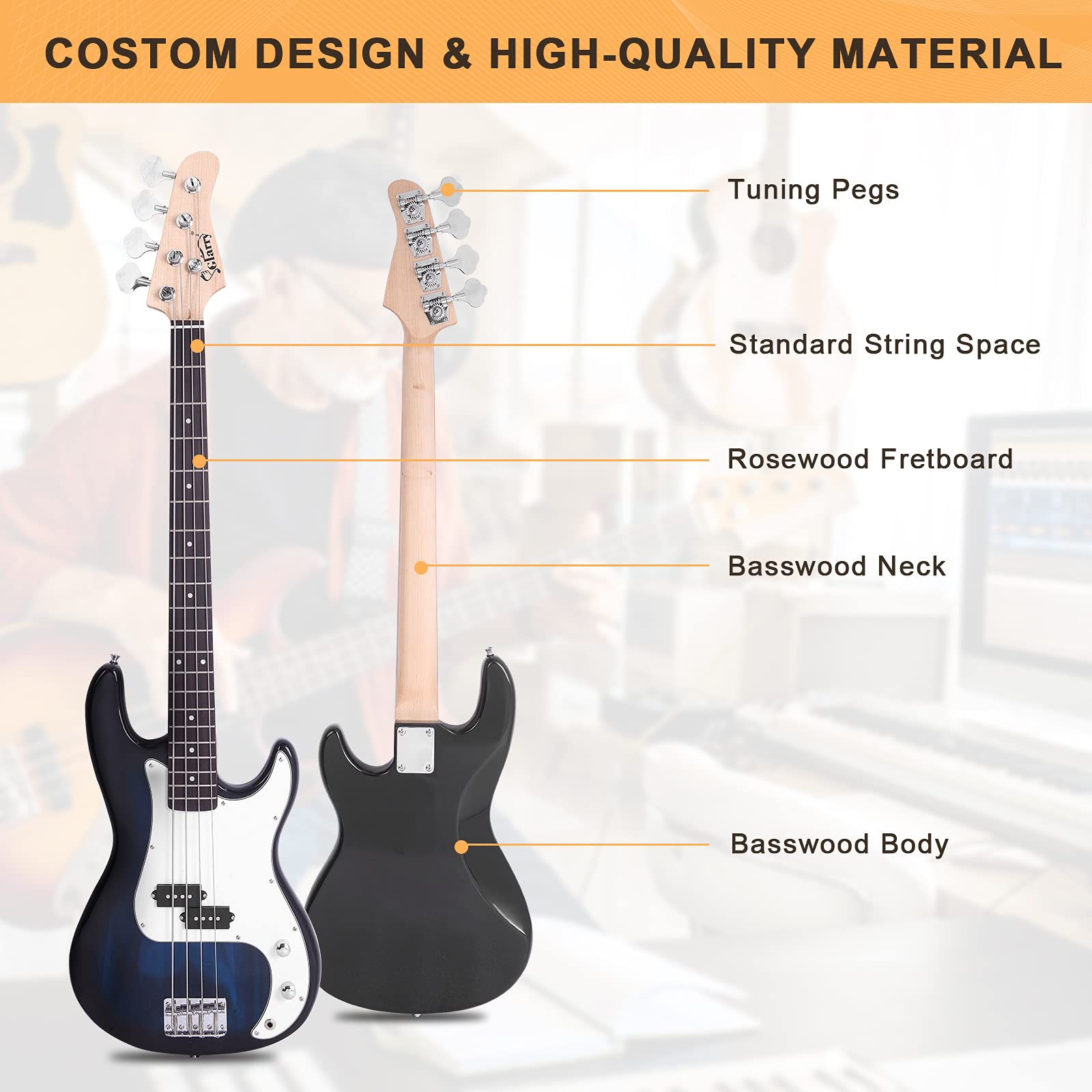GLARRY Full Size Electric Bass Guitar with 20W AMP, 4 String Beginner Starter Kit with Accessories including Cable, Strap, Bag for Kids and Adults (Dark blue)