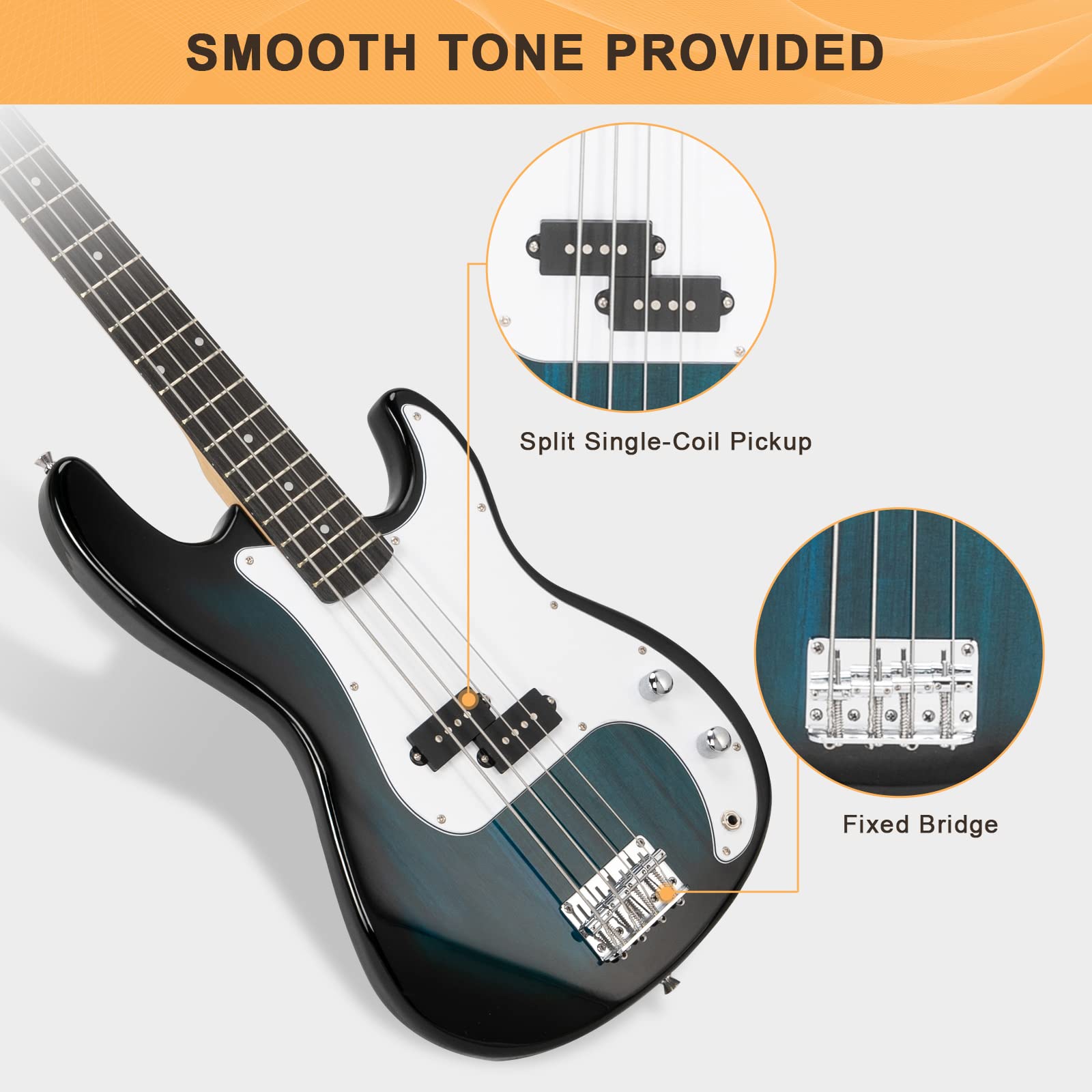 GLARRY Full Size Electric Bass Guitar with 20W AMP, 4 String Beginner Starter Kit with Accessories including Cable, Strap, Bag for Kids and Adults (Dark blue)