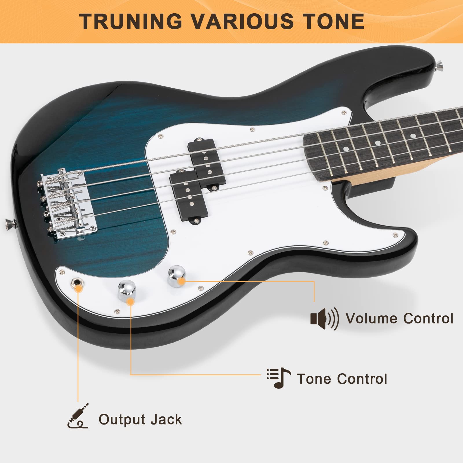 GLARRY Full Size Electric Bass Guitar with 20W AMP, 4 String Beginner Starter Kit with Accessories including Cable, Strap, Bag for Kids and Adults (Dark blue)