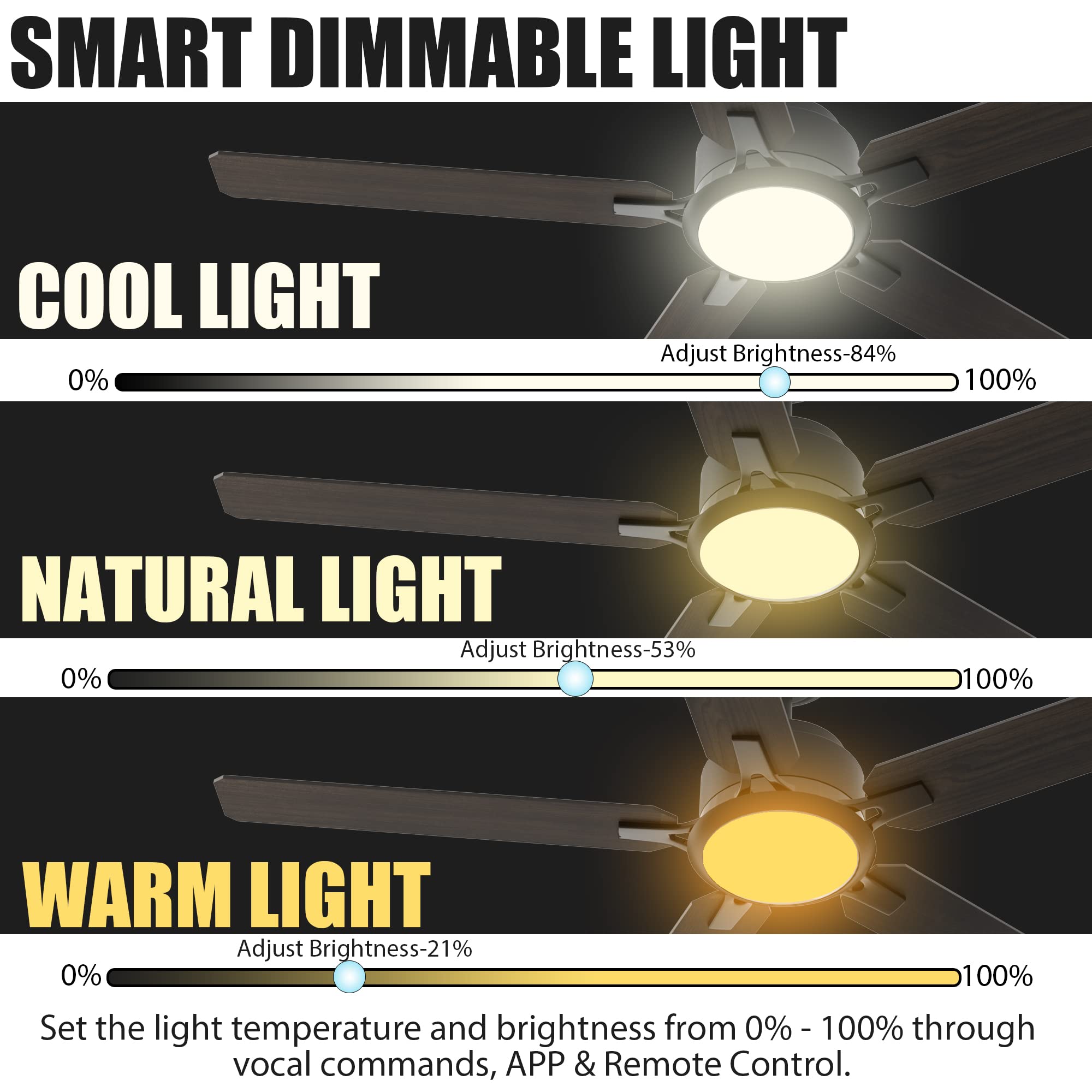 52β Smart Ceiling Fan With Light, Low Profile With 10 Speeds, Silent DC Motor, Farmhouse Ceiling Fan Compatible with Alexa, Siri, Google & Smart App, Black & Walnut,Indoor & Outdoor