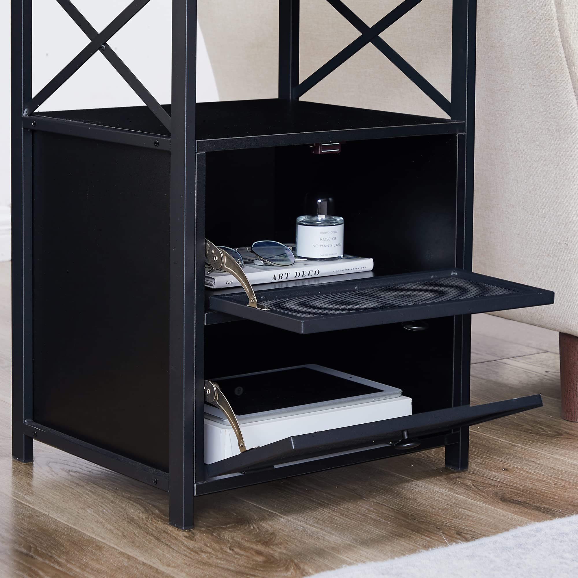 VECELO Black End Side Table, Modern Night Stand with Storage Space and Door, Set of 2 Nightstands with Flip Drawers for Living Room,Bedroom,Lounge