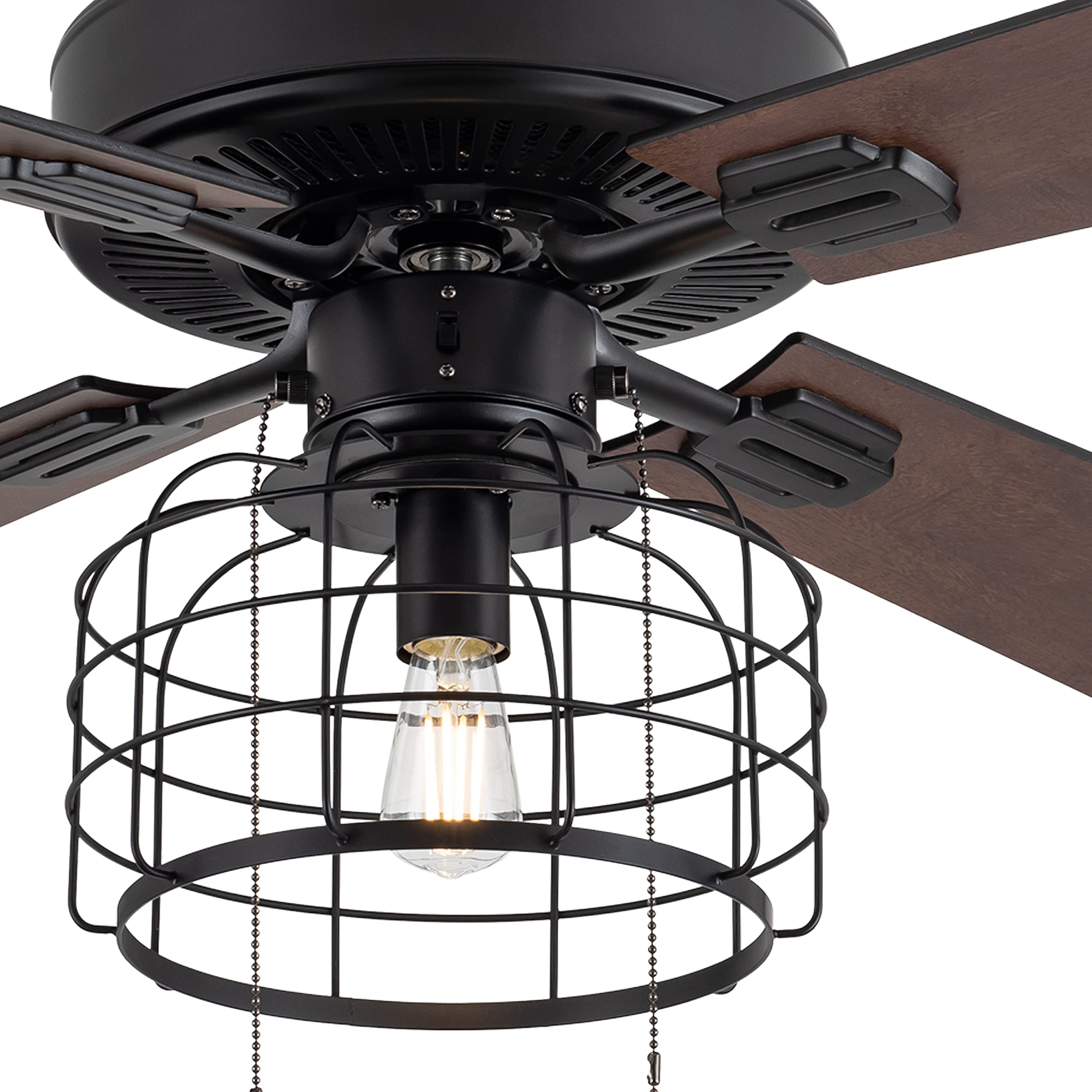 RIVER OF GOODS Industrial LED Ceiling Fan - 52" L x 52" W - Caged Ceiling Fan with Lights - Rich Barnwood/Black Fan Blades