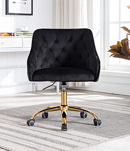 Danxee Desk Chair Modern Swivel Accent Velvet Office Chair, Adjustable Armchair with Gold Base, Modern Leisure Arm Chair for Living Room/Bed Room (Black)
