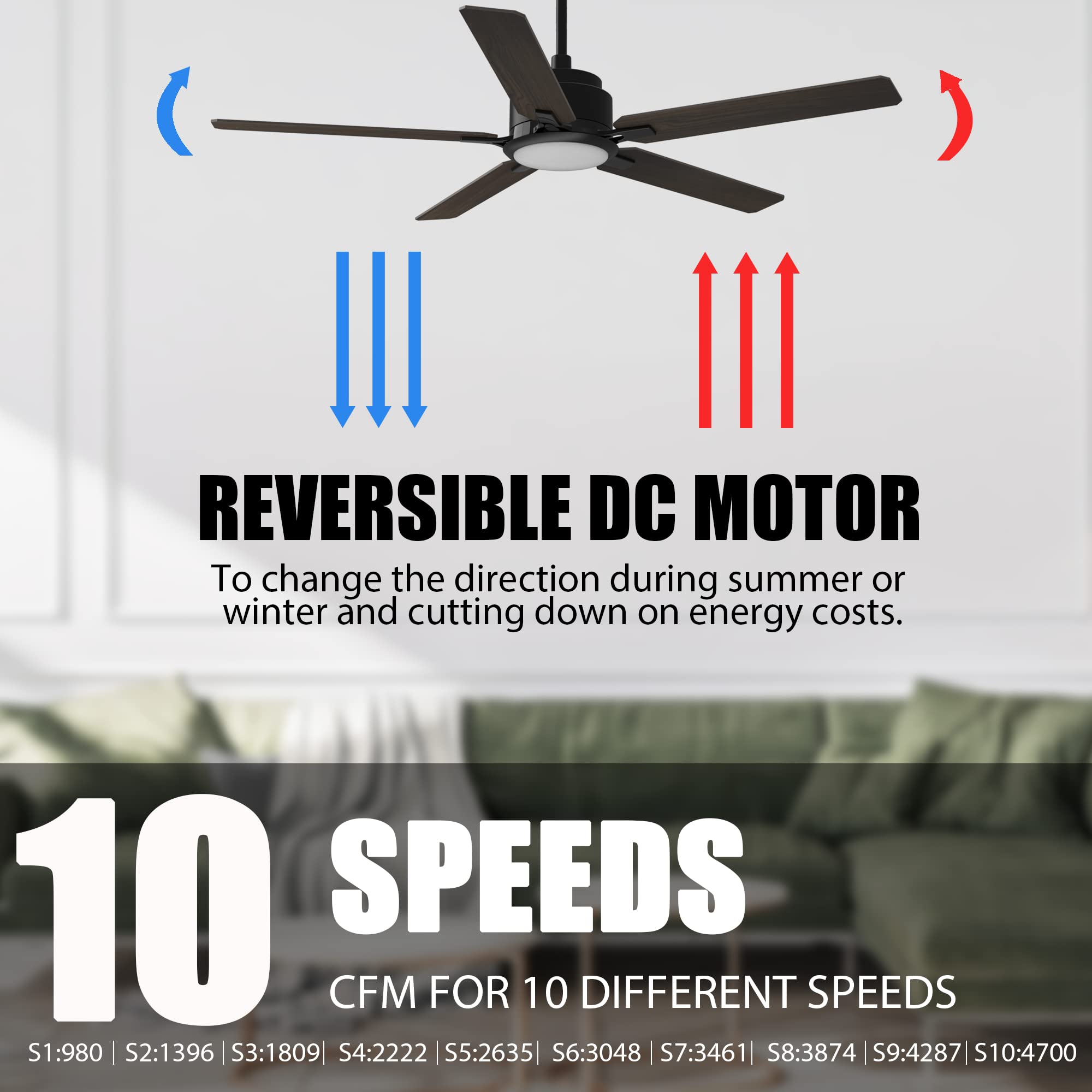 52β Smart Ceiling Fan With Light, Low Profile With 10 Speeds, Silent DC Motor, Farmhouse Ceiling Fan Compatible with Alexa, Siri, Google & Smart App, Black & Walnut,Indoor & Outdoor