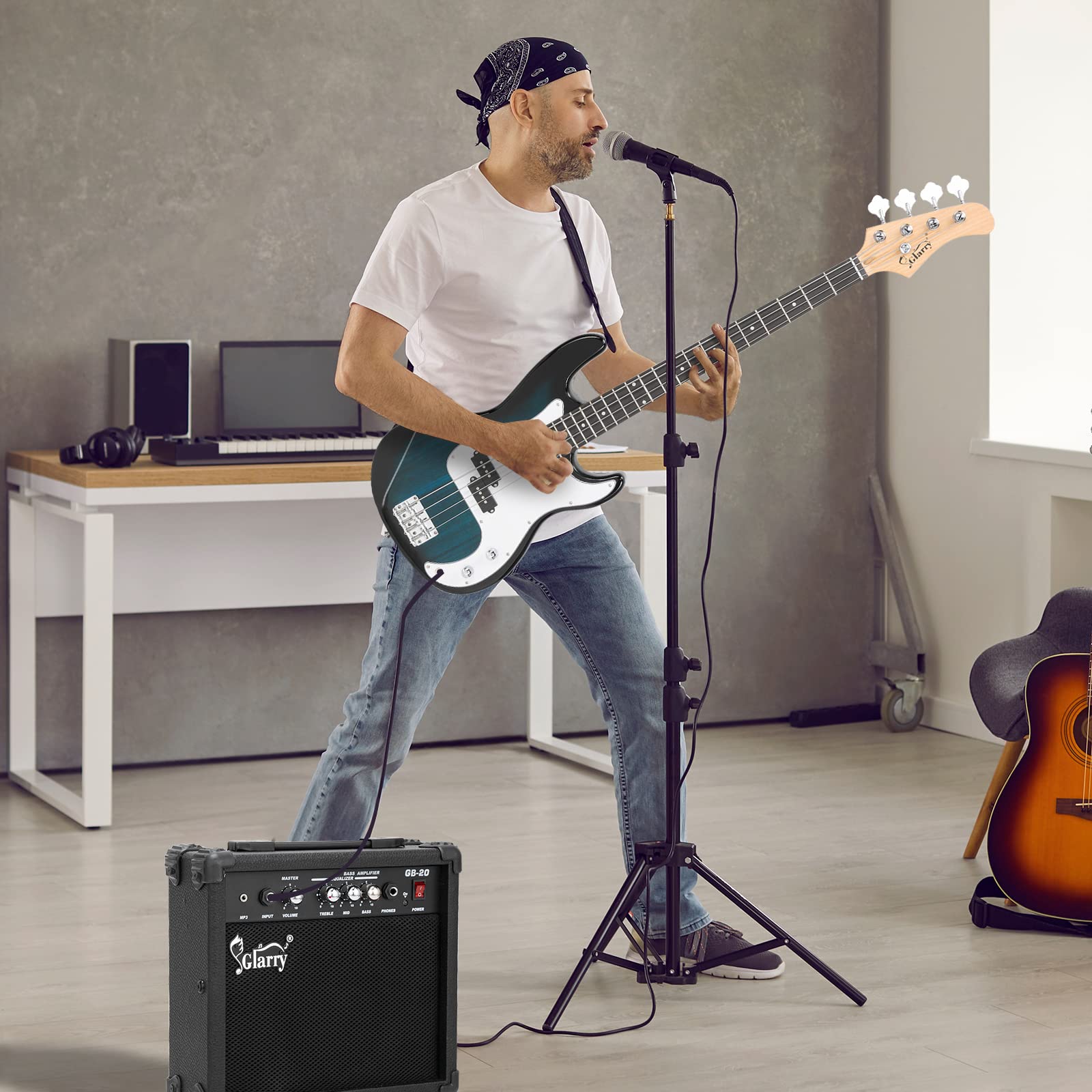 GLARRY Full Size Electric Bass Guitar with 20W AMP, 4 String Beginner Starter Kit with Accessories including Cable, Strap, Bag for Kids and Adults (Dark blue)
