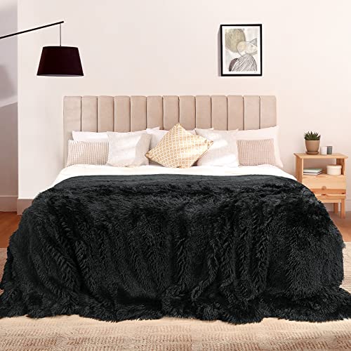 TOONOW Extra Soft Fuzzy Faux Fur Blanket Queen Size 78"x90", Reversible Lightweight Decorative Blankets and Throws Super Soft Cozy Microfiber Fleece Fuzzy Blankets for Couch Bed, Black