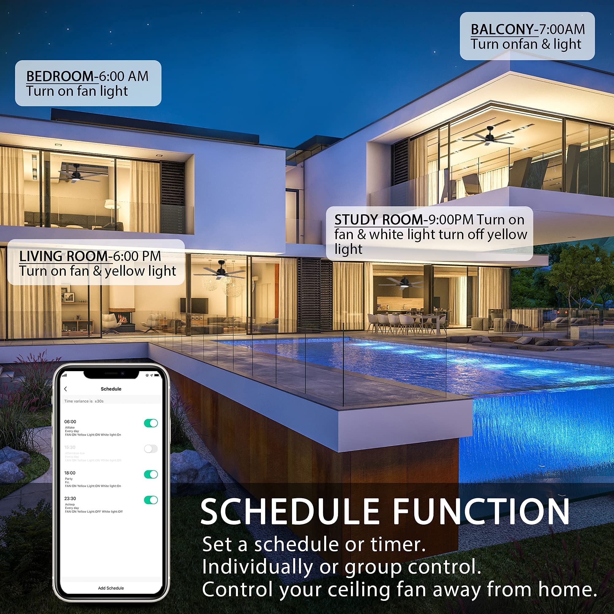 52β Smart Ceiling Fan With Light, Low Profile With 10 Speeds, Silent DC Motor, Farmhouse Ceiling Fan Compatible with Alexa, Siri, Google & Smart App, Black & Walnut,Indoor & Outdoor