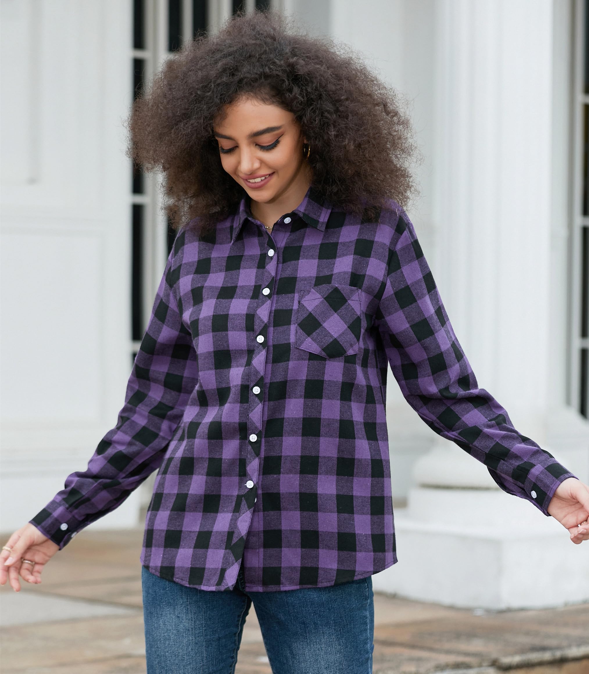 SANGTREE Womens Flannel Shirt, Casual Plaid Tops Long Sleeve Button Down Shirt for Women Buffalo Purple, Medium
