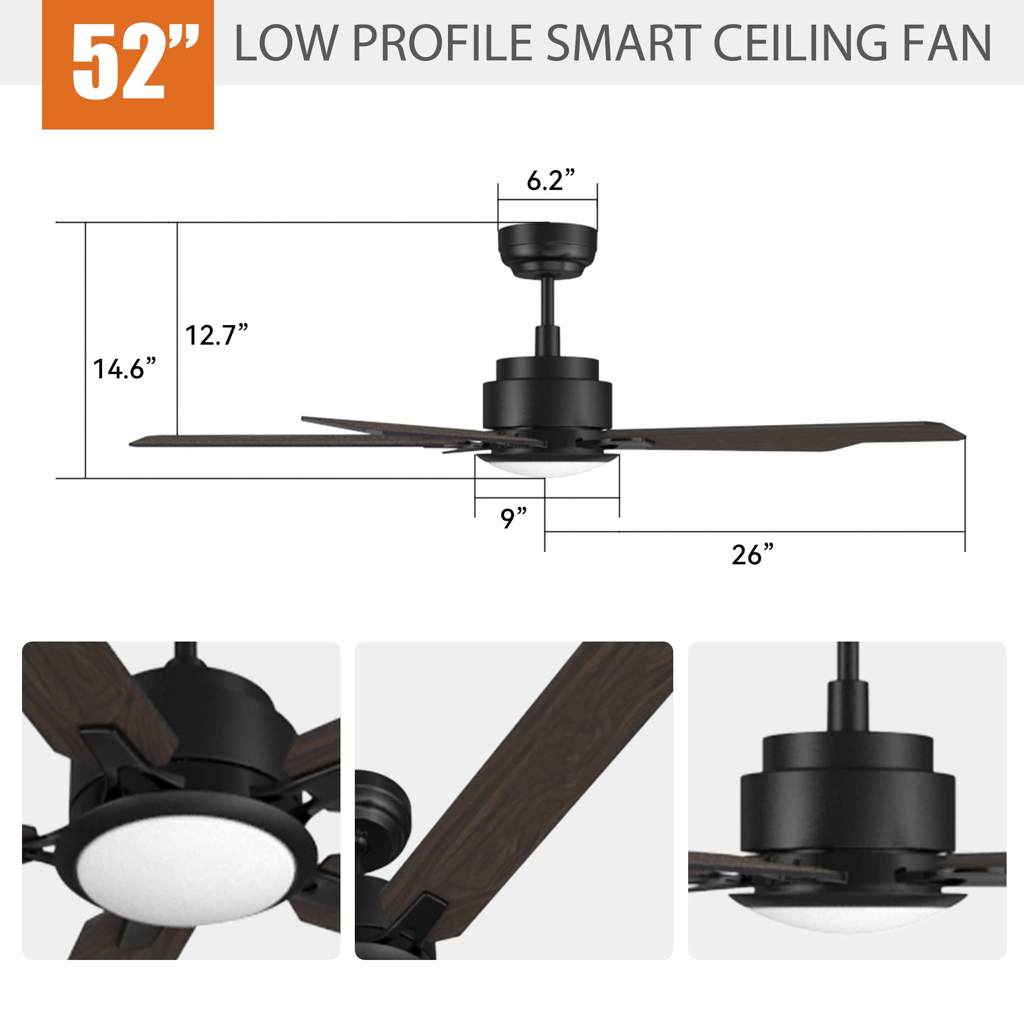 52β Smart Ceiling Fan With Light, Low Profile With 10 Speeds, Silent DC Motor, Farmhouse Ceiling Fan Compatible with Alexa, Siri, Google & Smart App, Black & Walnut,Indoor & Outdoor