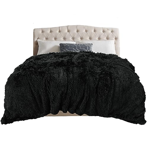 TOONOW Extra Soft Fuzzy Faux Fur Blanket Queen Size 78"x90", Reversible Lightweight Decorative Blankets and Throws Super Soft Cozy Microfiber Fleece Fuzzy Blankets for Couch Bed, Black