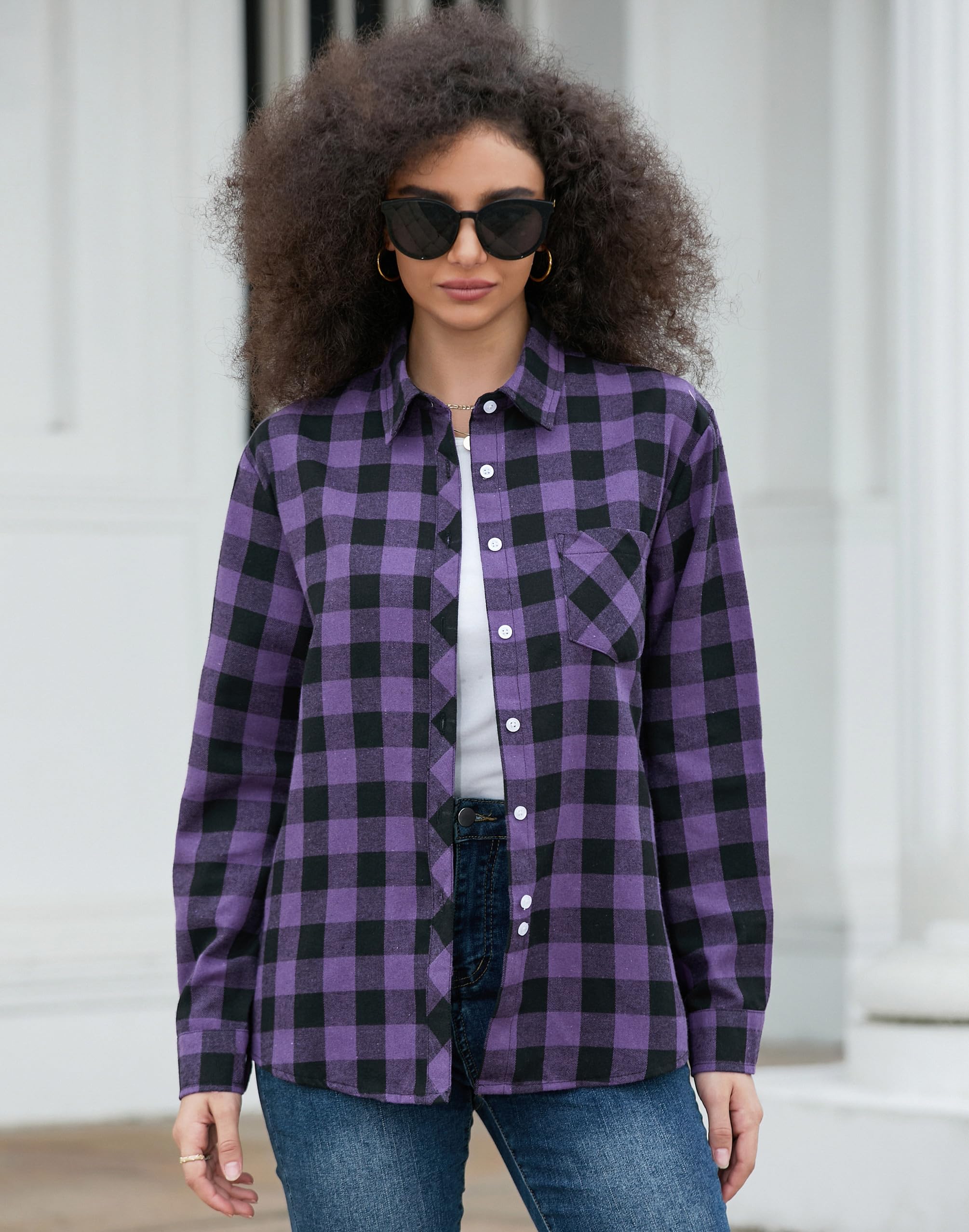 SANGTREE Womens Flannel Shirt, Casual Plaid Tops Long Sleeve Button Down Shirt for Women Buffalo Purple, Medium