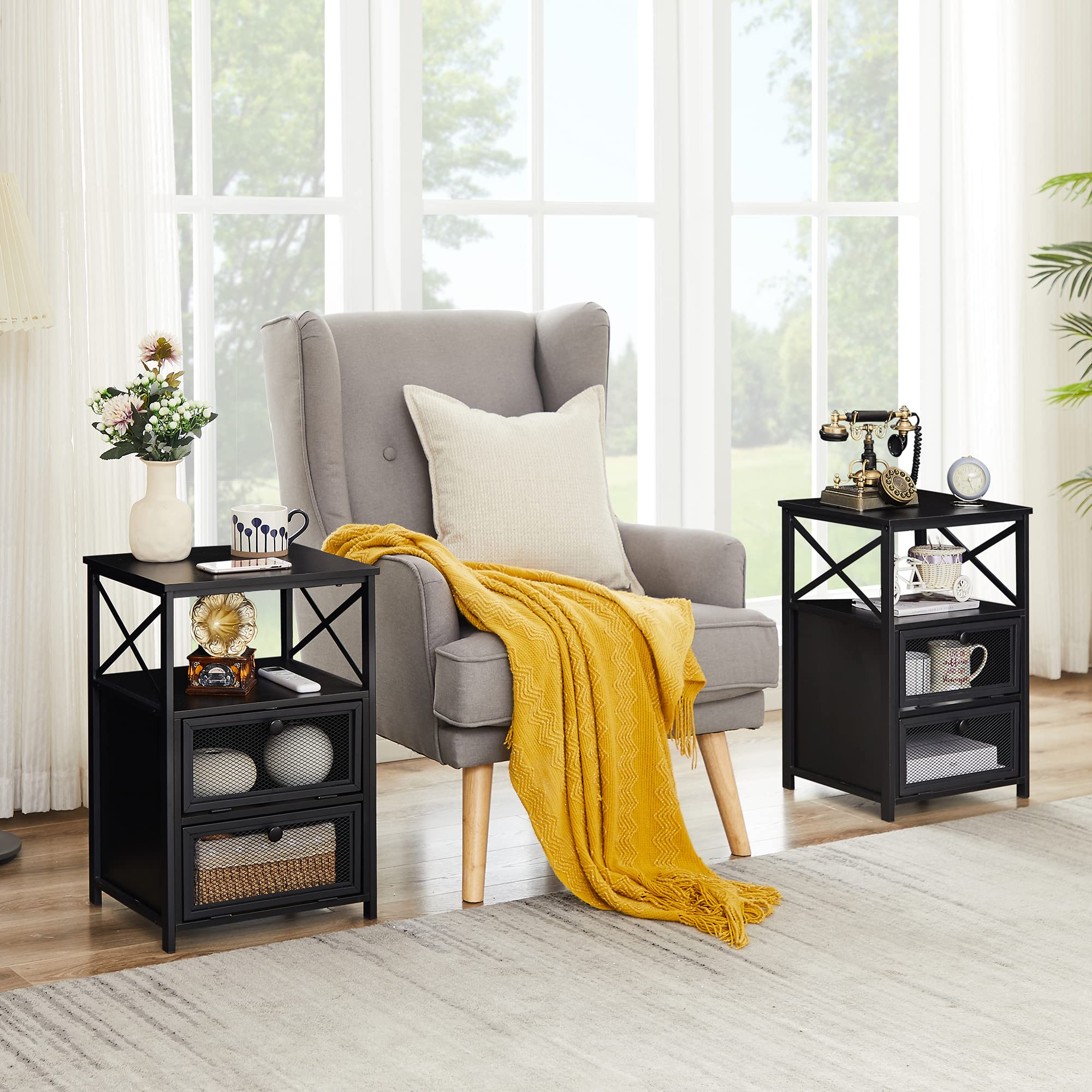 VECELO Black End Side Table, Modern Night Stand with Storage Space and Door, Set of 2 Nightstands with Flip Drawers for Living Room,Bedroom,Lounge