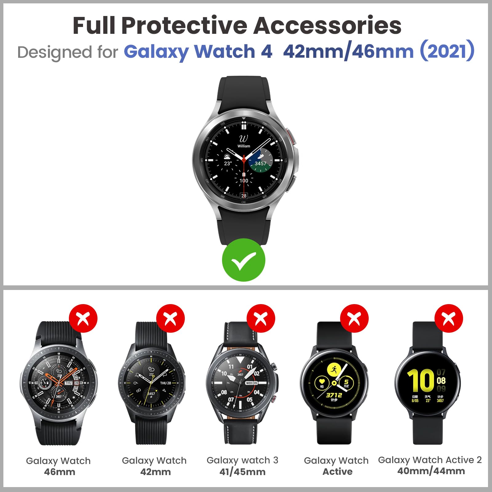 Goton 3 in 1 Accessories for Samsung Galaxy Watch 4 Classic 46mm, 1 Rugged TPU Armor Bumper Case Cover +2 Tempered Glass Screen Protector Films + 1 Bezel Ring for Galaxy Watch4 Classic 46mm Blue