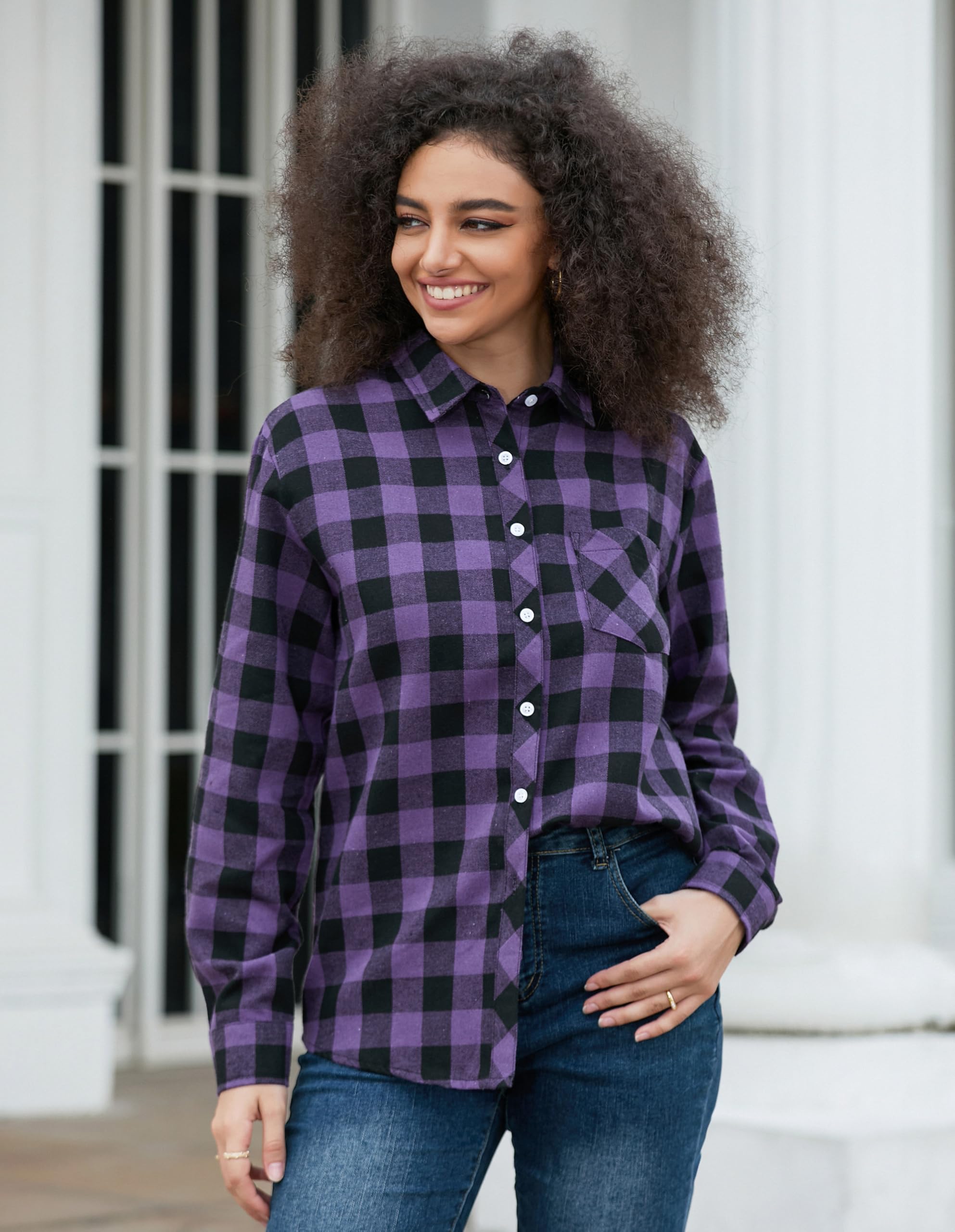SANGTREE Womens Flannel Shirt, Casual Plaid Tops Long Sleeve Button Down Shirt for Women Buffalo Purple, Medium