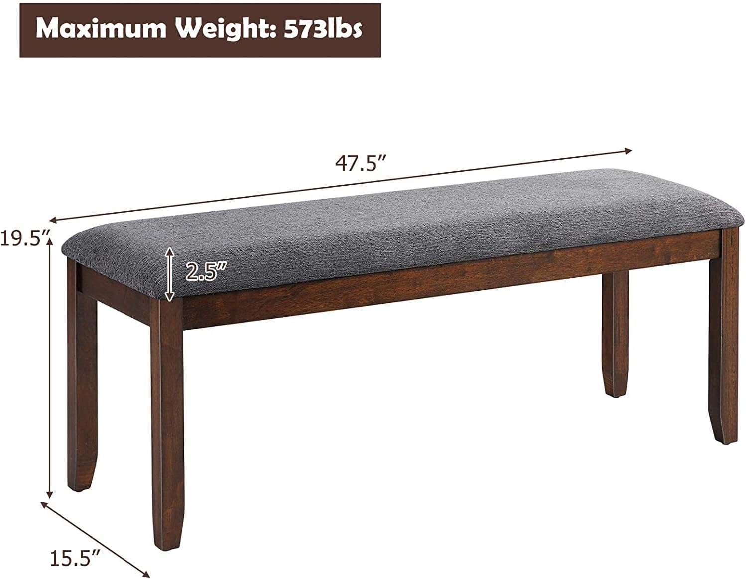 NAFORT Dining Bench Entryway Bench Upholstered Dining Bench, Rubberwood Legs & Fabric Padded Seat, End of Bed Bench for Bedroom/Living Room, Dark Grey