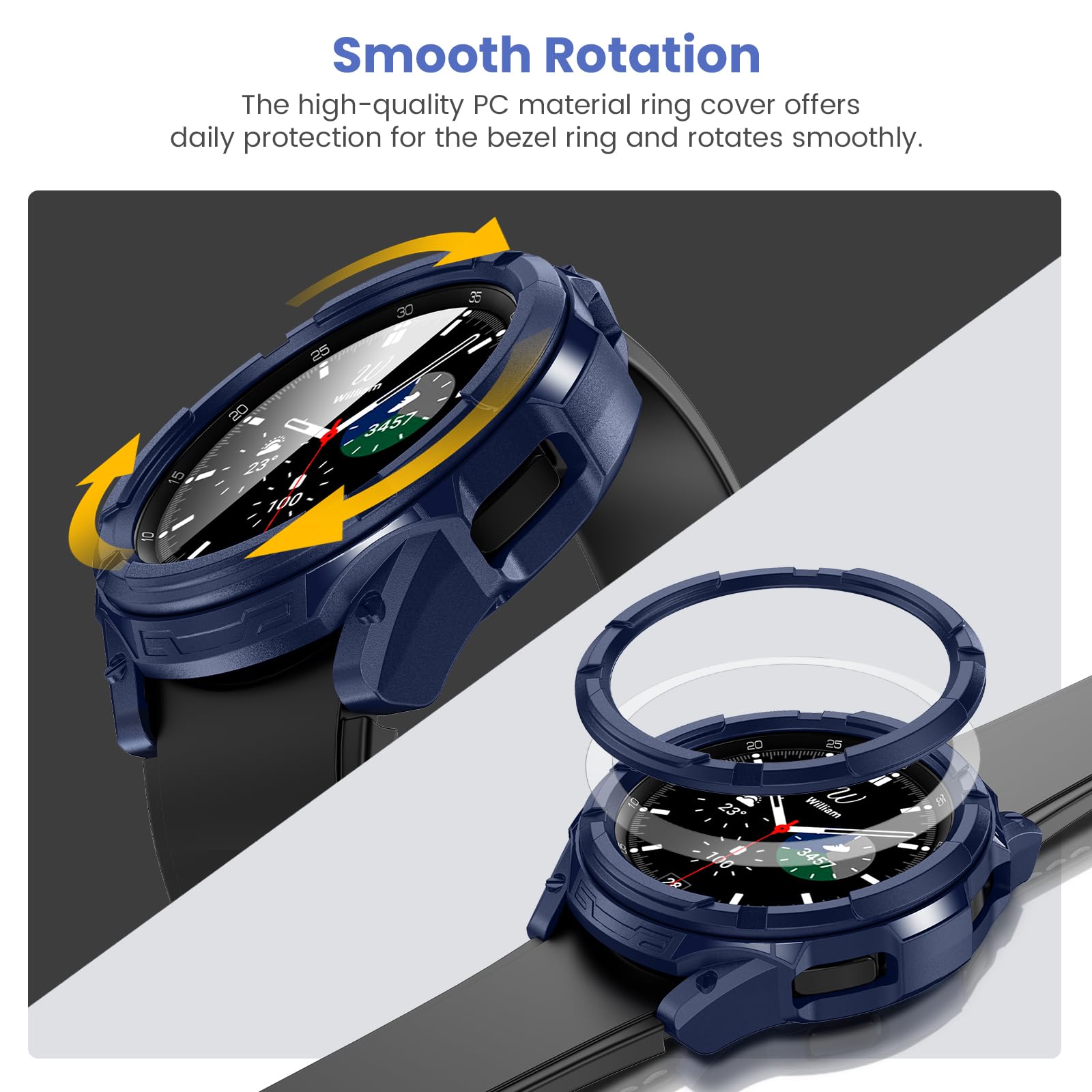 Goton 3 in 1 Accessories for Samsung Galaxy Watch 4 Classic 46mm, 1 Rugged TPU Armor Bumper Case Cover +2 Tempered Glass Screen Protector Films + 1 Bezel Ring for Galaxy Watch4 Classic 46mm Blue