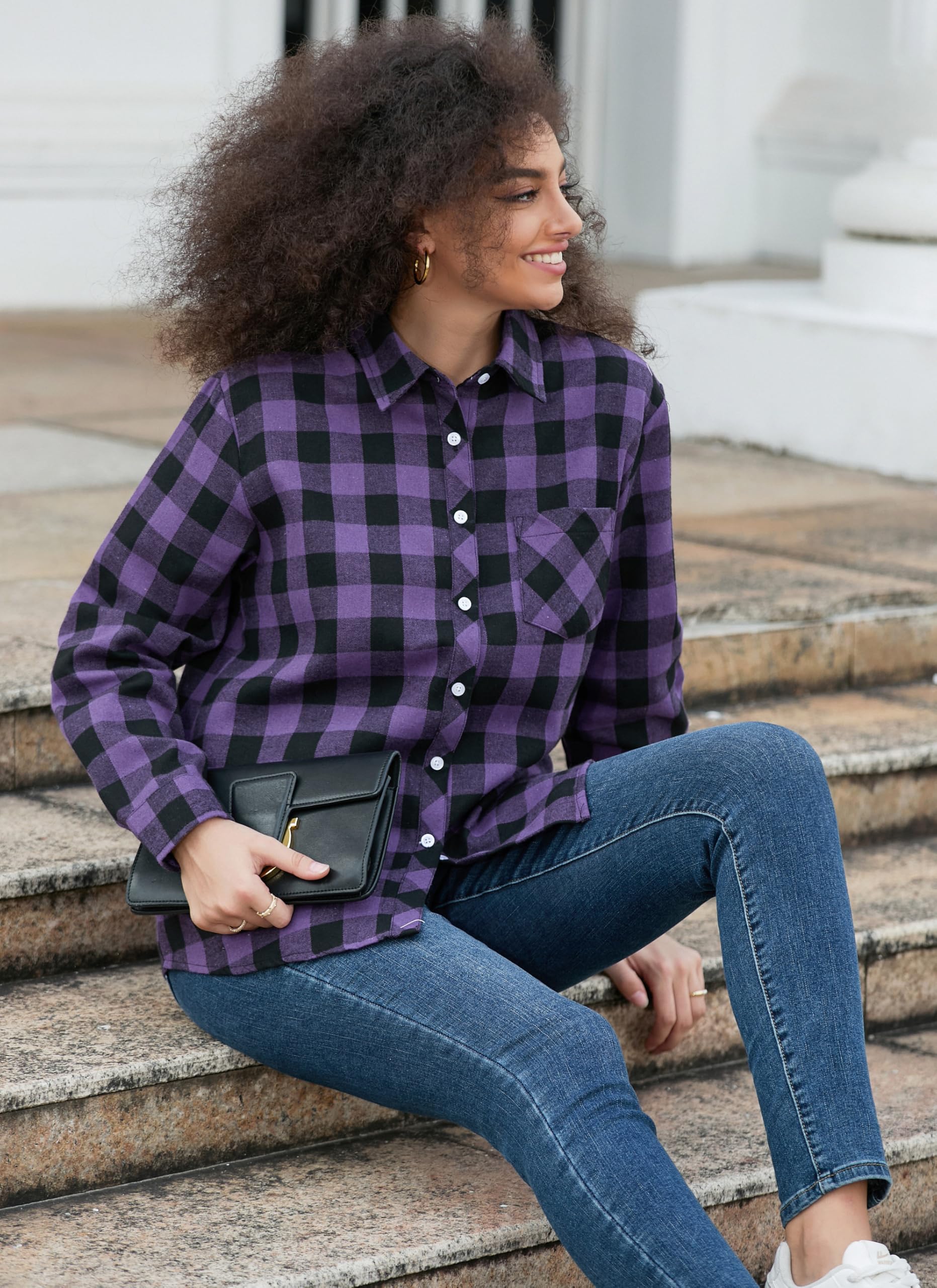 SANGTREE Womens Flannel Shirt, Casual Plaid Tops Long Sleeve Button Down Shirt for Women Buffalo Purple, Medium