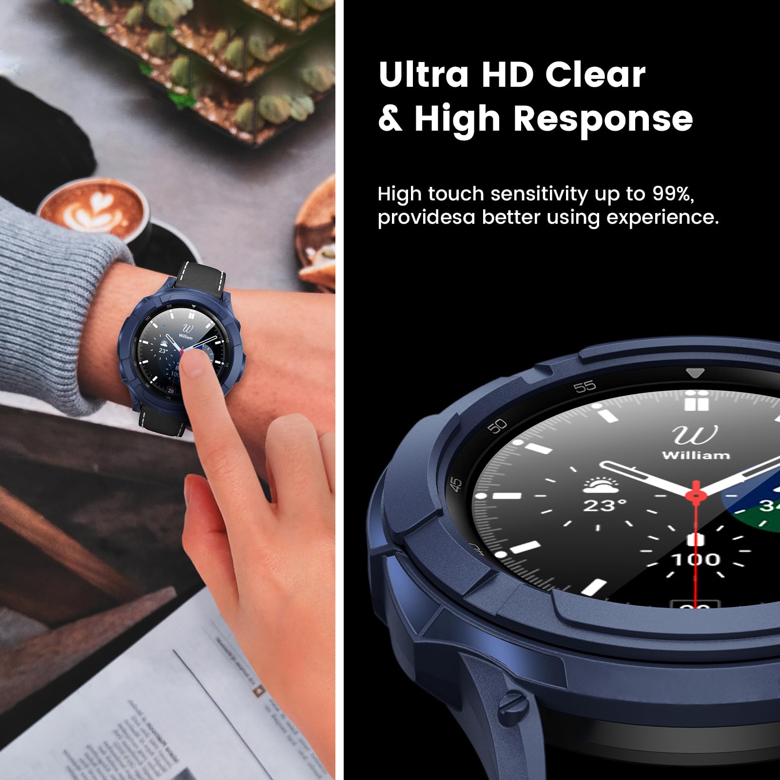 Goton 3 in 1 Accessories for Samsung Galaxy Watch 4 Classic 46mm, 1 Rugged TPU Armor Bumper Case Cover +2 Tempered Glass Screen Protector Films + 1 Bezel Ring for Galaxy Watch4 Classic 46mm Blue