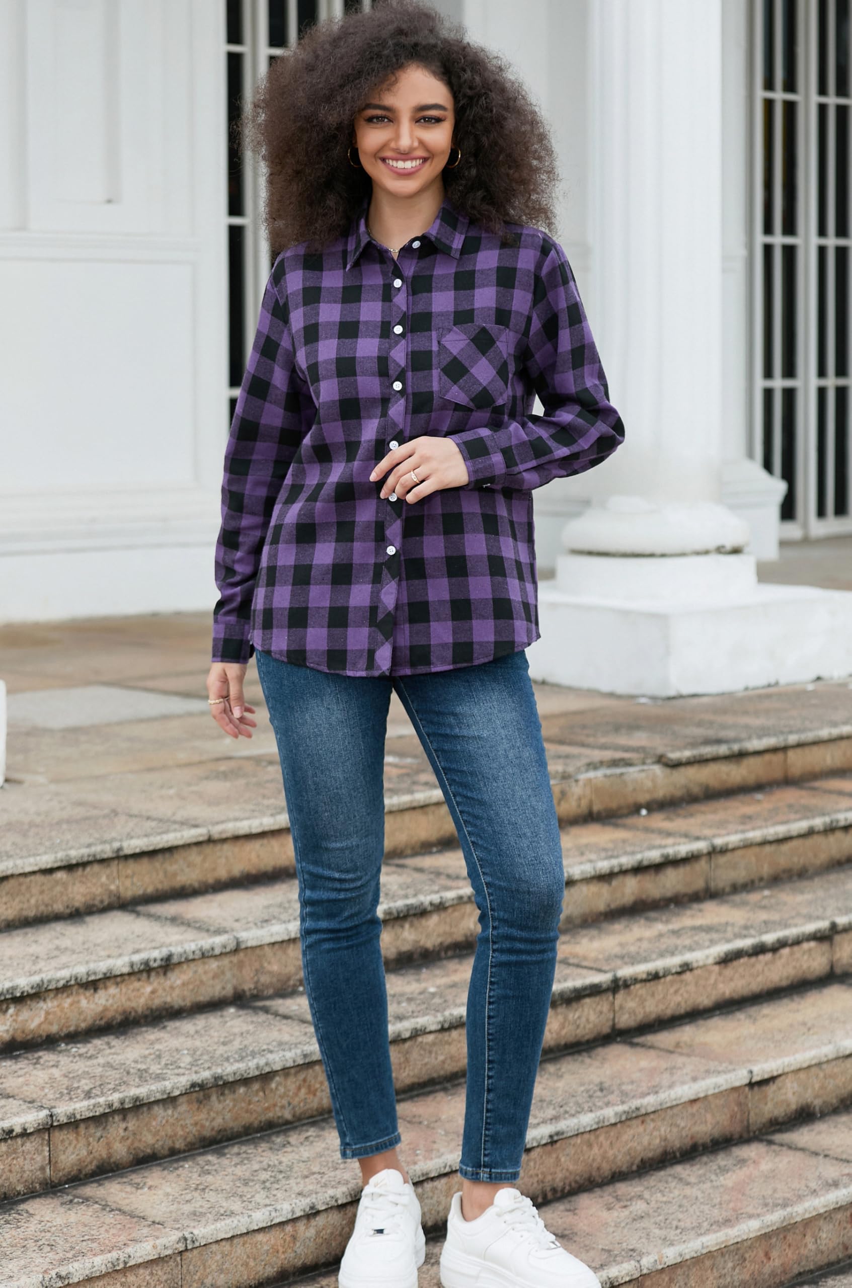 SANGTREE Womens Flannel Shirt, Casual Plaid Tops Long Sleeve Button Down Shirt for Women Buffalo Purple, Medium