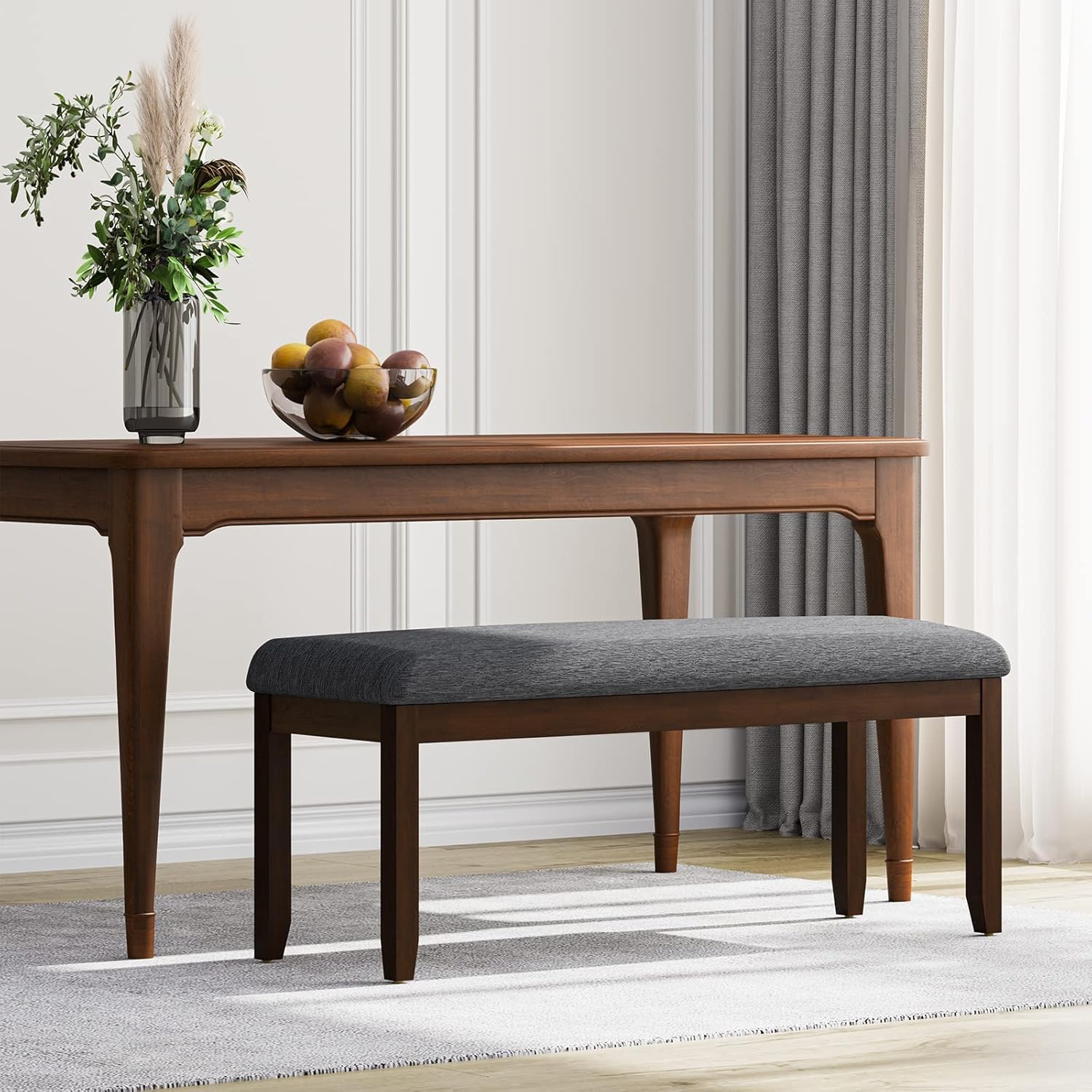 NAFORT Dining Bench Entryway Bench Upholstered Dining Bench, Rubberwood Legs & Fabric Padded Seat, End of Bed Bench for Bedroom/Living Room, Dark Grey