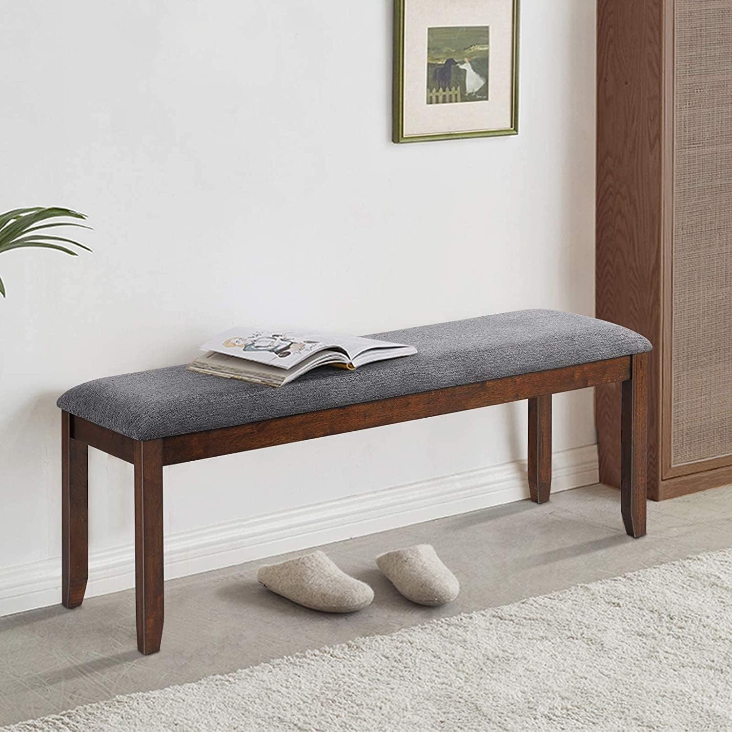 NAFORT Dining Bench Entryway Bench Upholstered Dining Bench, Rubberwood Legs & Fabric Padded Seat, End of Bed Bench for Bedroom/Living Room, Dark Grey