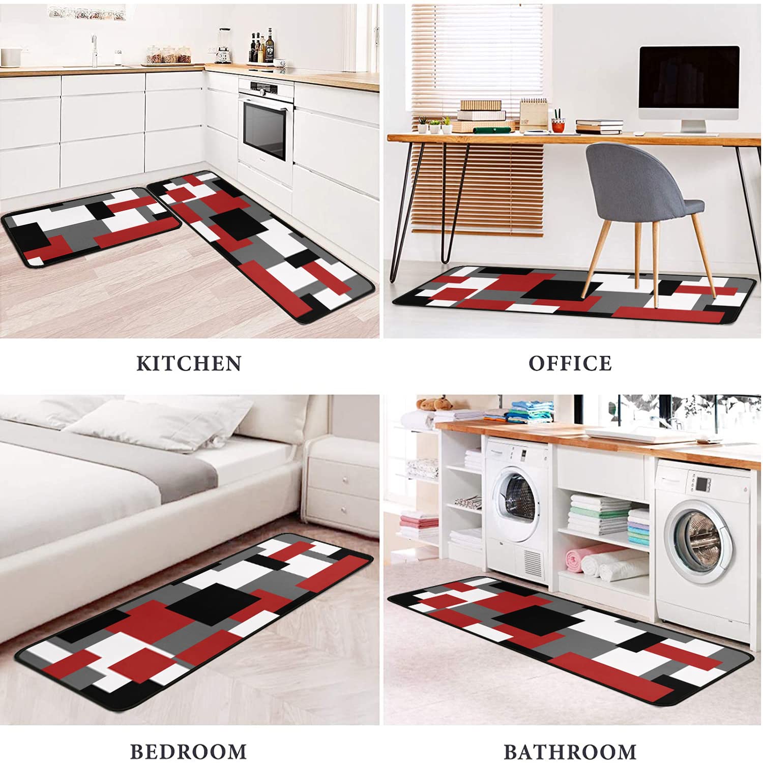 Red Black White Geometric Patterns Kitchen Rugs and Mats Set of 2,Modern Decoration Style Kitchen Mat Non-Slip Absorbent Mats for Sink Waterproof Runner Rug for Laundry Room 17x30+17x48inch