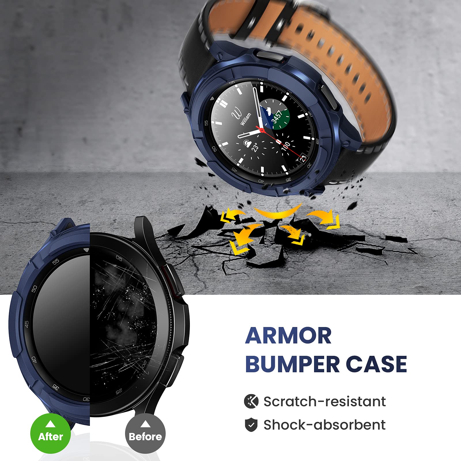 Goton 3 in 1 Accessories for Samsung Galaxy Watch 4 Classic 46mm, 1 Rugged TPU Armor Bumper Case Cover +2 Tempered Glass Screen Protector Films + 1 Bezel Ring for Galaxy Watch4 Classic 46mm Blue