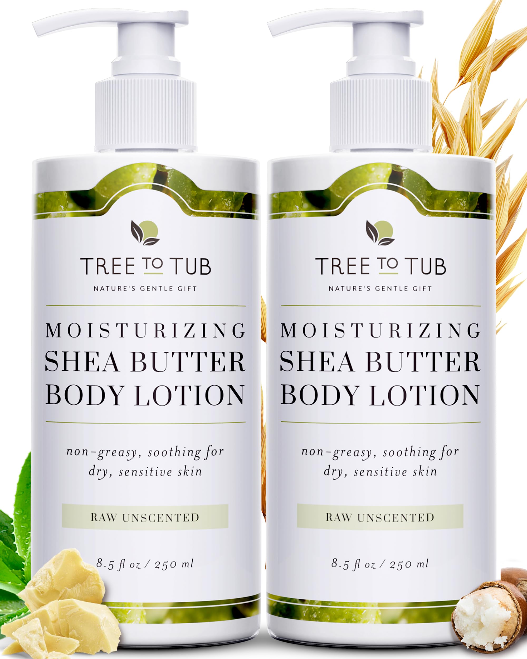 Tree to Tub Unscented Shea Butter Body Lotion for Dry Skin - Fragrance Free Sensitive Skin Lotion for Women & Men, Vegan Body Moisturizer w/Organic Aloe Vera, Cocoa Butter, Natural Colloidal Oatmeal