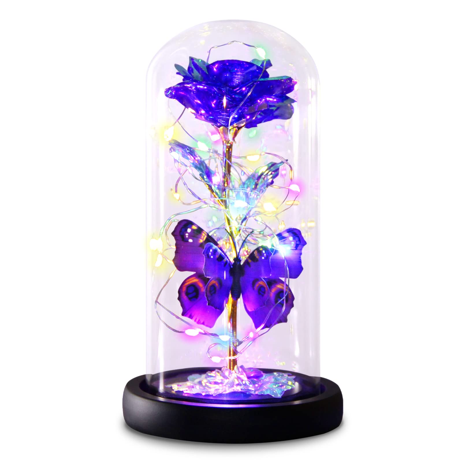 Valentines Rose Gifts for Her Birthday Flower Gift for Women, Galaxy Purple Butterfly Rose in Glass Dome, Light Up Forever Rose Birthday Gifts for Mom Anniversary Valentine's Day Eternal Rose Gift