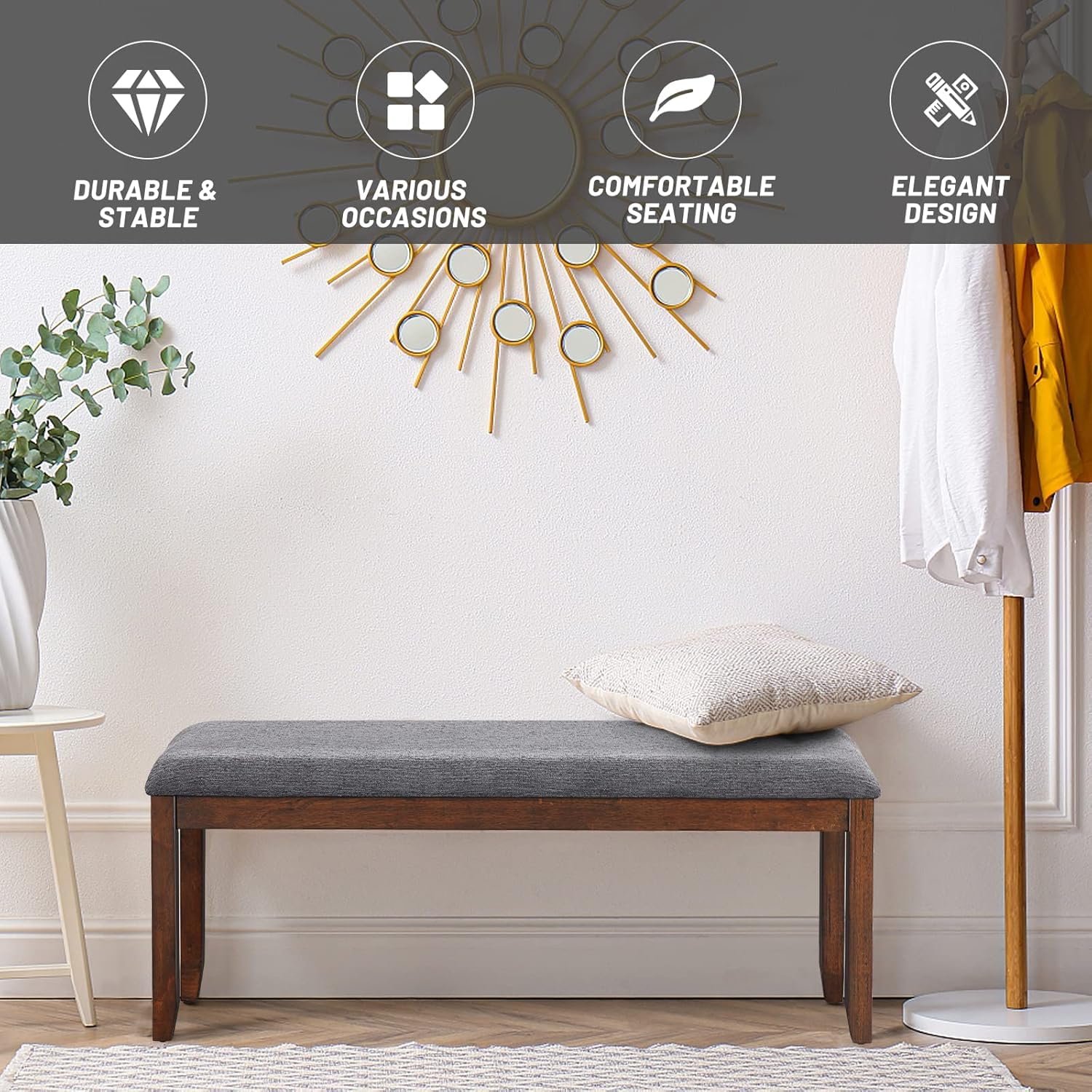 NAFORT Dining Bench Entryway Bench Upholstered Dining Bench, Rubberwood Legs & Fabric Padded Seat, End of Bed Bench for Bedroom/Living Room, Dark Grey