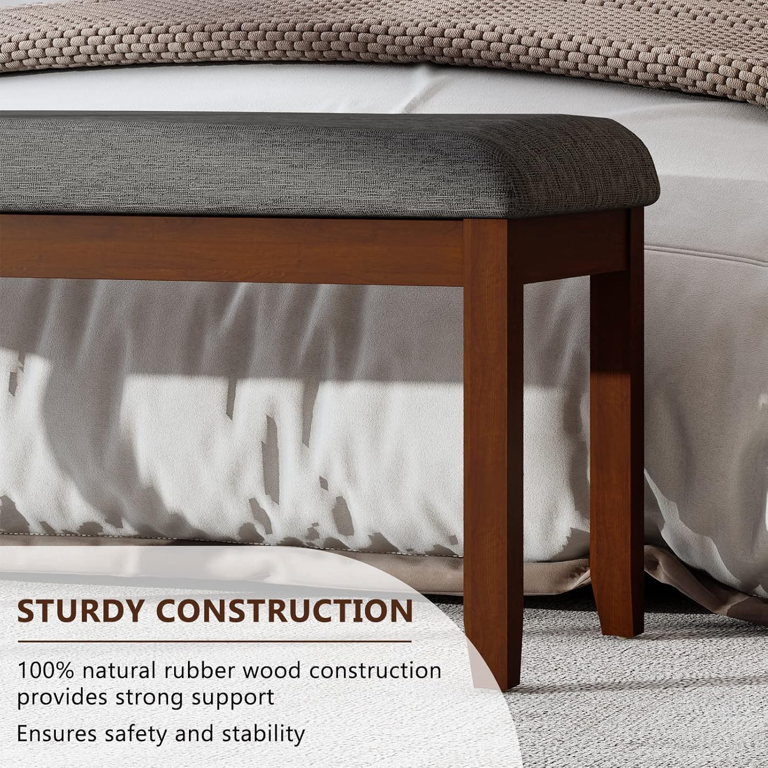 NAFORT Dining Bench Entryway Bench Upholstered Dining Bench, Rubberwood Legs & Fabric Padded Seat, End of Bed Bench for Bedroom/Living Room, Dark Grey