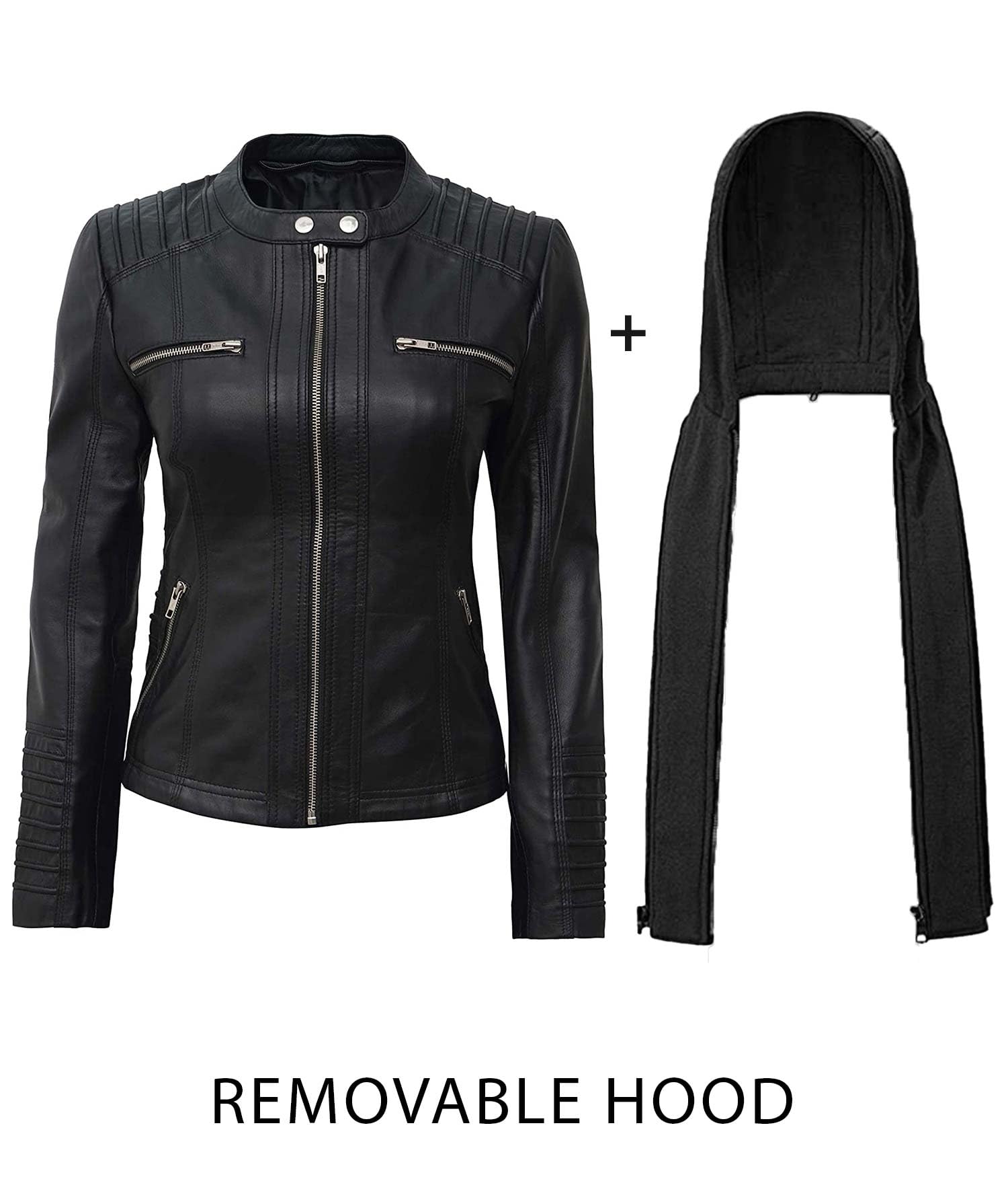 fjackets Womens Leather Jacket - Womens Real Black Leather Bomber Jacket Women With Removable Hood - Hln Black | [1313775] XL