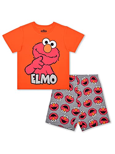 Sesame Street Elmo, Cookie Monster and Oscar Boys T-Shirt and Short Pants Set for Infant and Toddlers – White/Orange/Grey