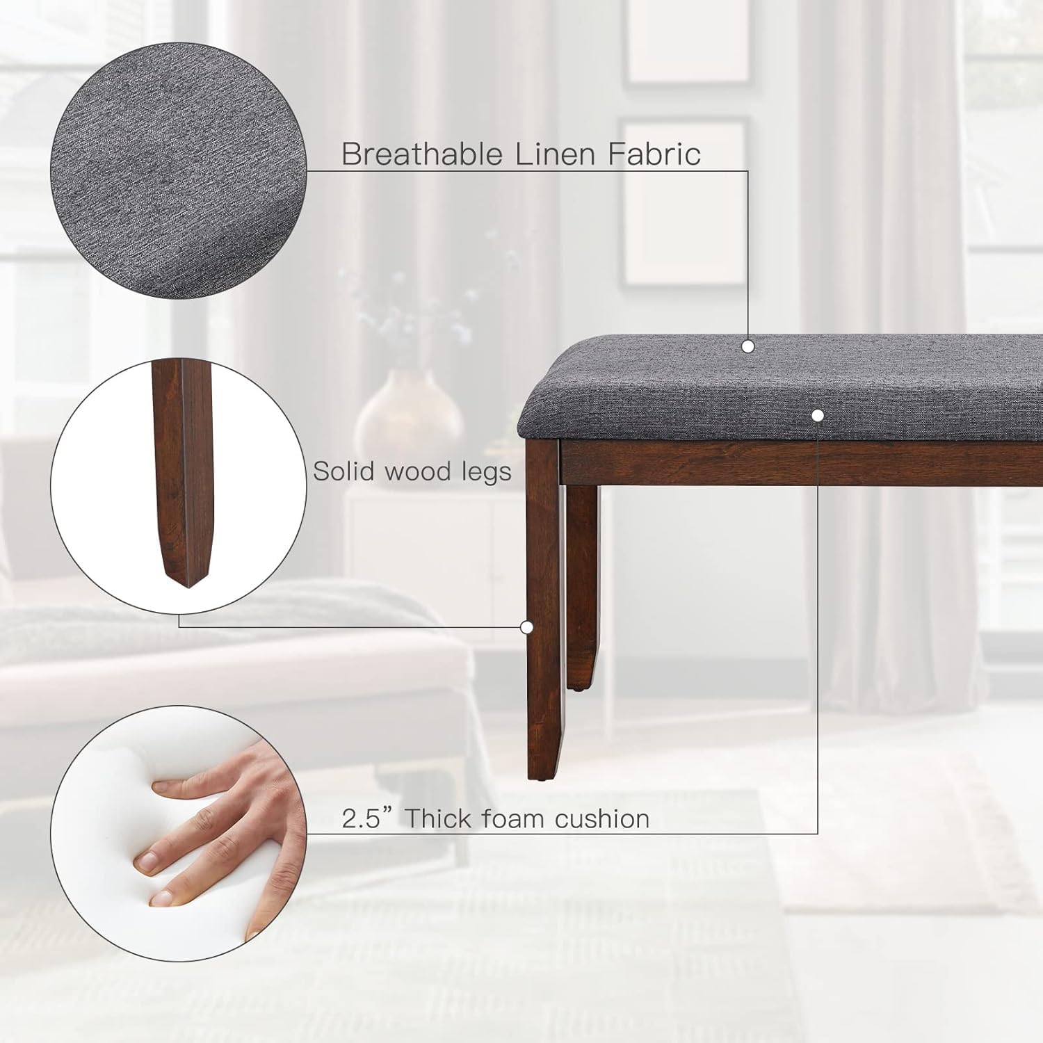 NAFORT Dining Bench Entryway Bench Upholstered Dining Bench, Rubberwood Legs & Fabric Padded Seat, End of Bed Bench for Bedroom/Living Room, Dark Grey