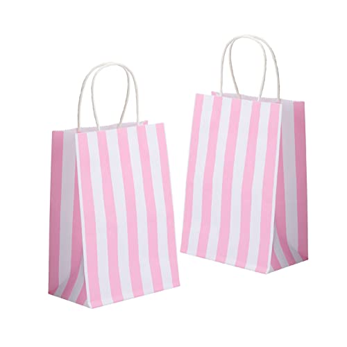 RNORRI Gift Bags 50Pcs 5.25x3.75x8 Inch Paper Bags Small Pink And White Bags Pink Party Bags Shopping Bags With Handles, Striped Bags For Baby Shower, Birthday, Business, Retail
