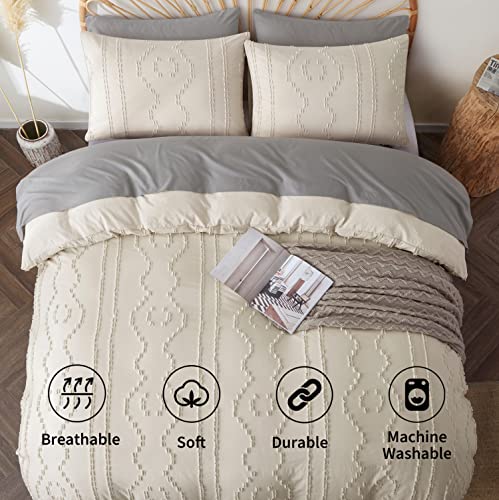 BEDAZZLED Duvet Covers King Size,3pcs Soft and Embroidery Shabby Chic Boho Bedding Sets,100% Washed Microfiber Tufted Comforter Cover Set, Beige