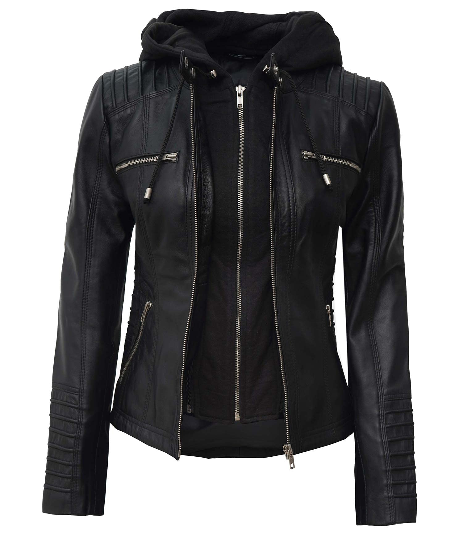 fjackets Womens Leather Jacket - Womens Real Black Leather Bomber Jacket Women With Removable Hood - Hln Black | [1313775] XL