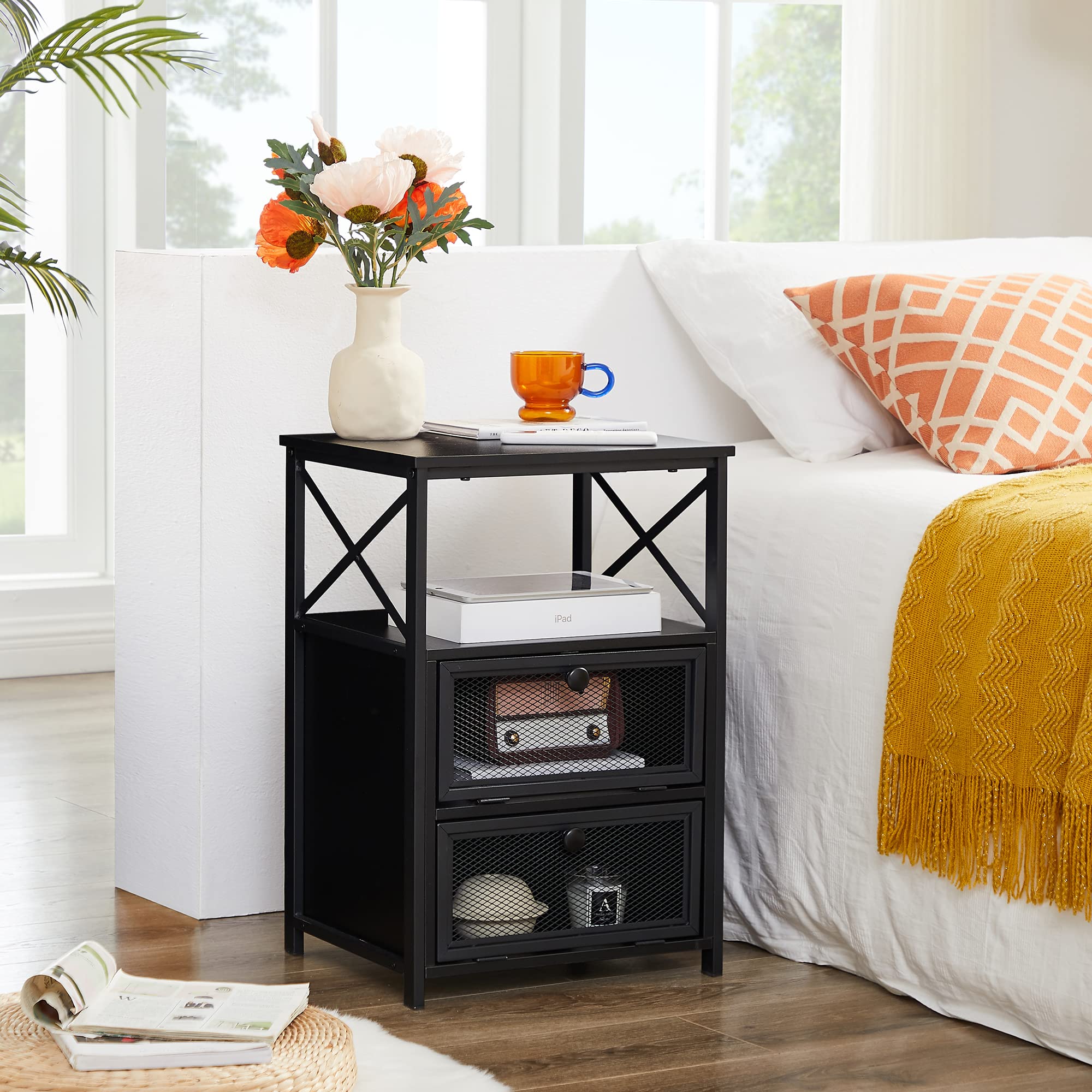 VECELO Black End Side Table, Modern Night Stand with Storage Space and Door, Set of 2 Nightstands with Flip Drawers for Living Room,Bedroom,Lounge