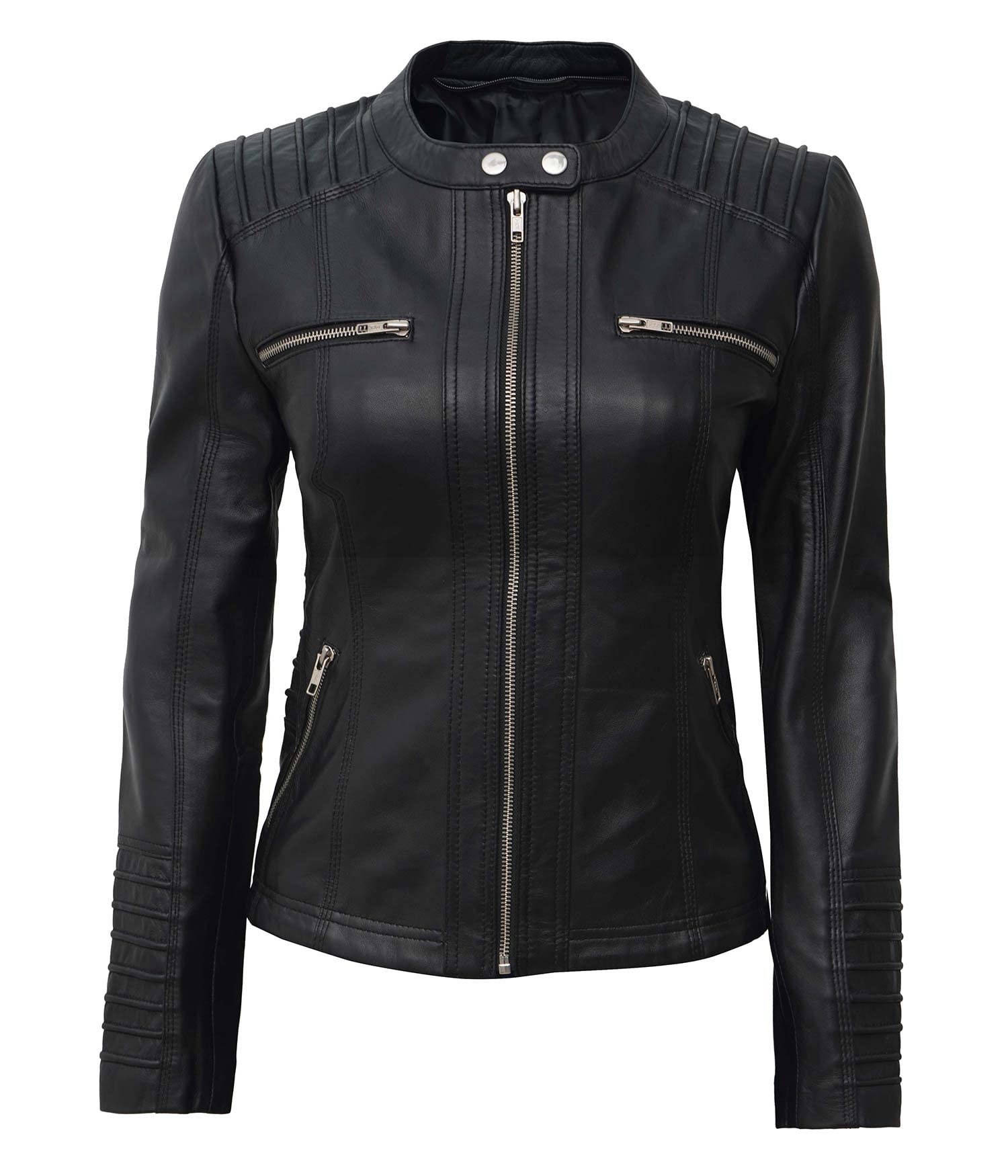 fjackets Womens Leather Jacket - Womens Real Black Leather Bomber Jacket Women With Removable Hood - Hln Black | [1313775] XL