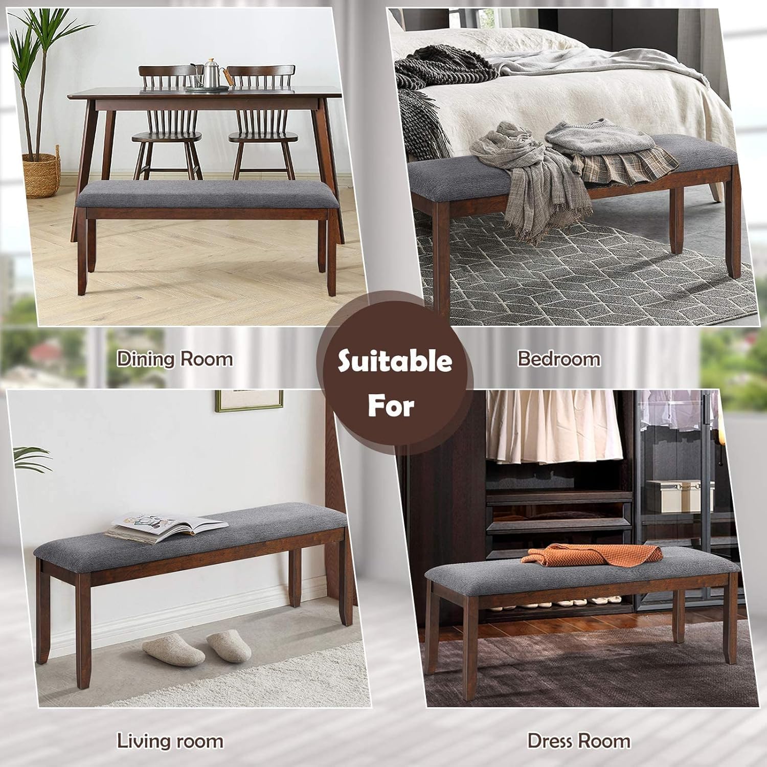 NAFORT Dining Bench Entryway Bench Upholstered Dining Bench, Rubberwood Legs & Fabric Padded Seat, End of Bed Bench for Bedroom/Living Room, Dark Grey