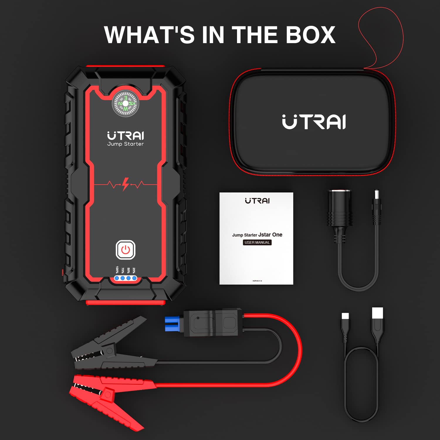 UTRAI Portable Car Jump Starter 59200 mWh 2000A Peak (Up to 8L Gas, 6.5L Diesel Engine) 12V Auto Car Battery Charger Jump Starter Booster Pack with Smart Jumper Cables, USB Quick Charge and Flashlight