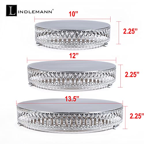 LINDLEMANN 3 Pack Decorative Cake Stands Metal Round Cupcake Holder Desserts Display Stand Set with Spatula for Birthday Celebration & Party Decorations (Silver, 10" | 12" | 13.5")