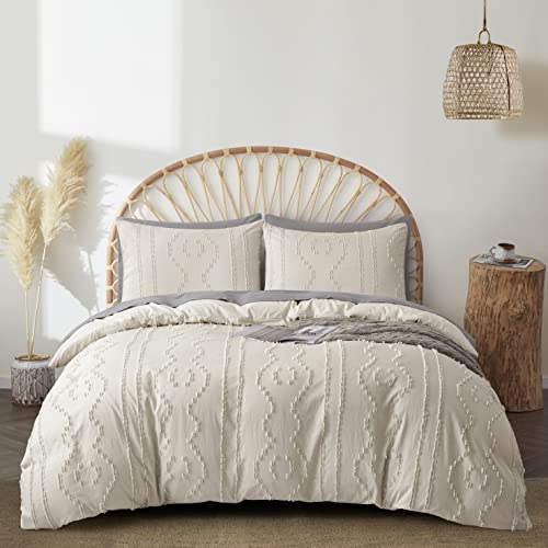 BEDAZZLED Duvet Covers King Size,3pcs Soft and Embroidery Shabby Chic Boho Bedding Sets,100% Washed Microfiber Tufted Comforter Cover Set, Beige
