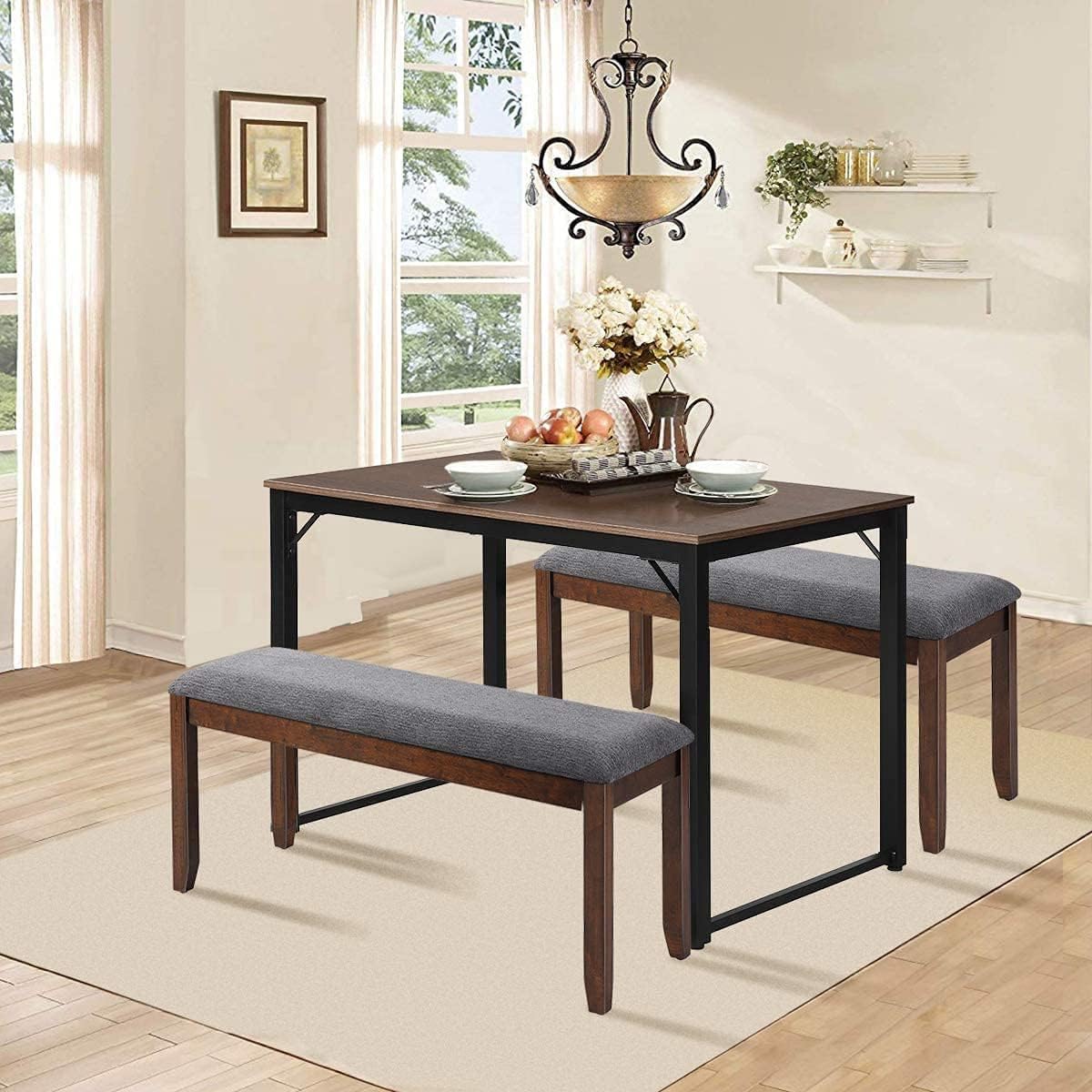 NAFORT Dining Bench Entryway Bench Upholstered Dining Bench, Rubberwood Legs & Fabric Padded Seat, End of Bed Bench for Bedroom/Living Room, Dark Grey