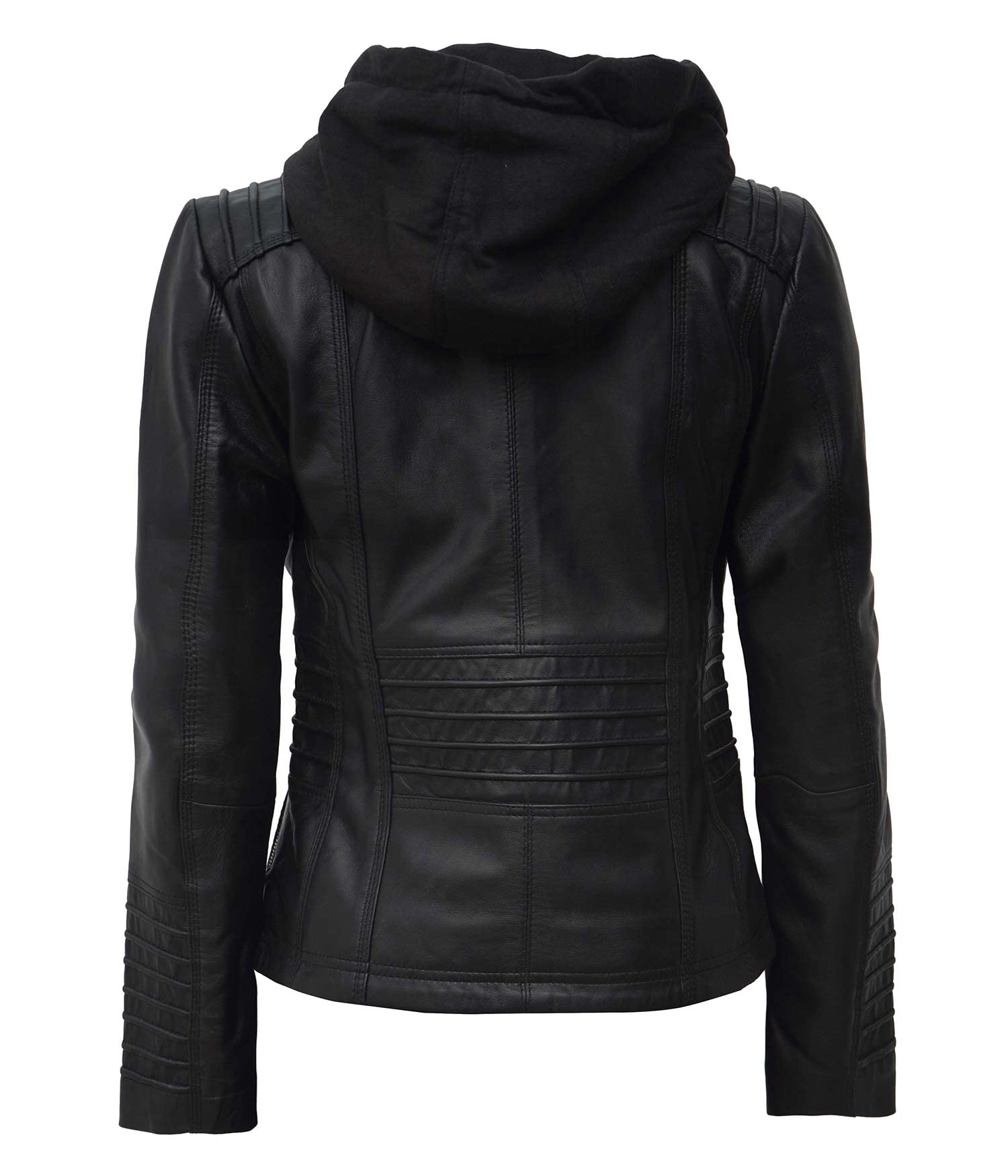 fjackets Womens Leather Jacket - Womens Real Black Leather Bomber Jacket Women With Removable Hood - Hln Black | [1313775] XL