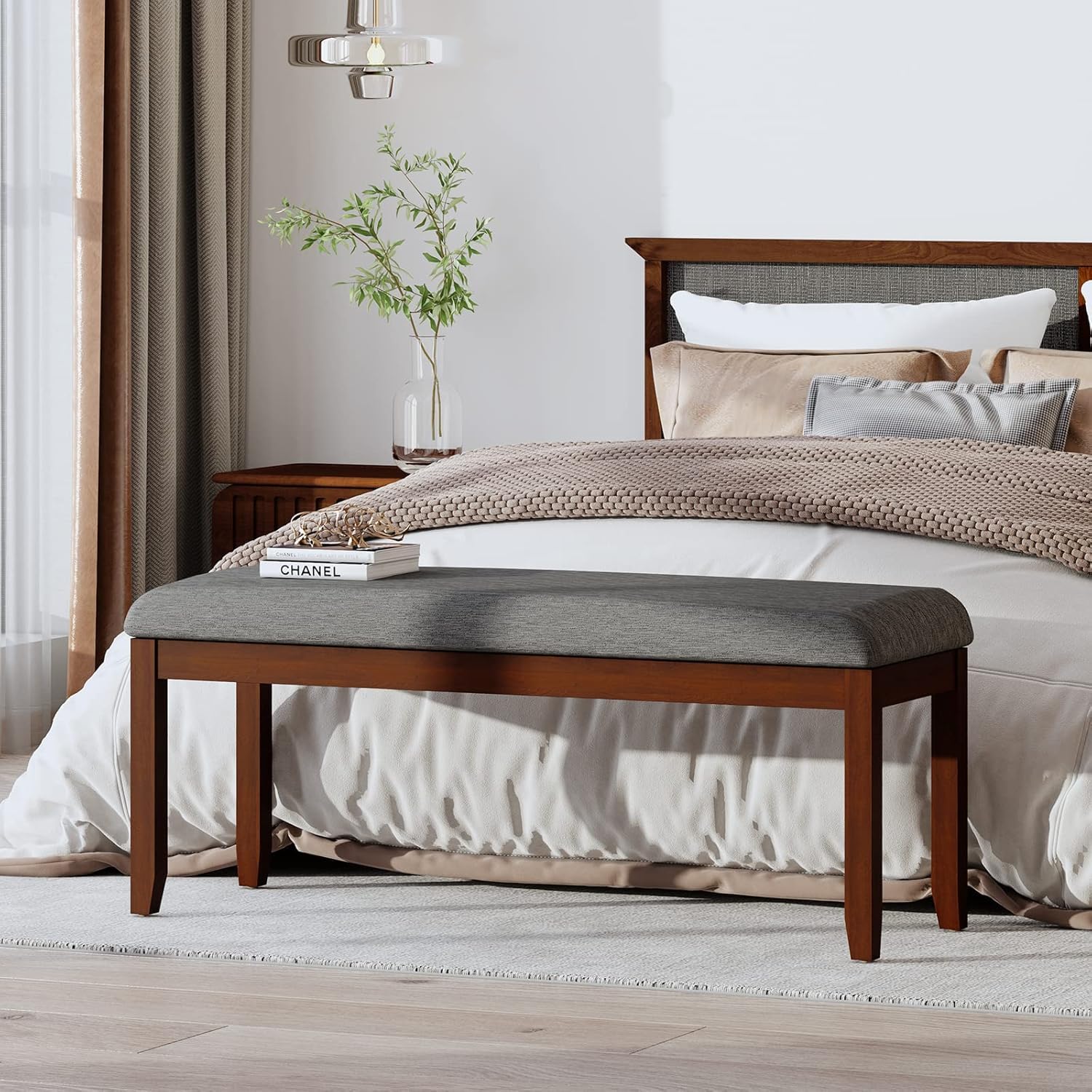 NAFORT Dining Bench Entryway Bench Upholstered Dining Bench, Rubberwood Legs & Fabric Padded Seat, End of Bed Bench for Bedroom/Living Room, Dark Grey