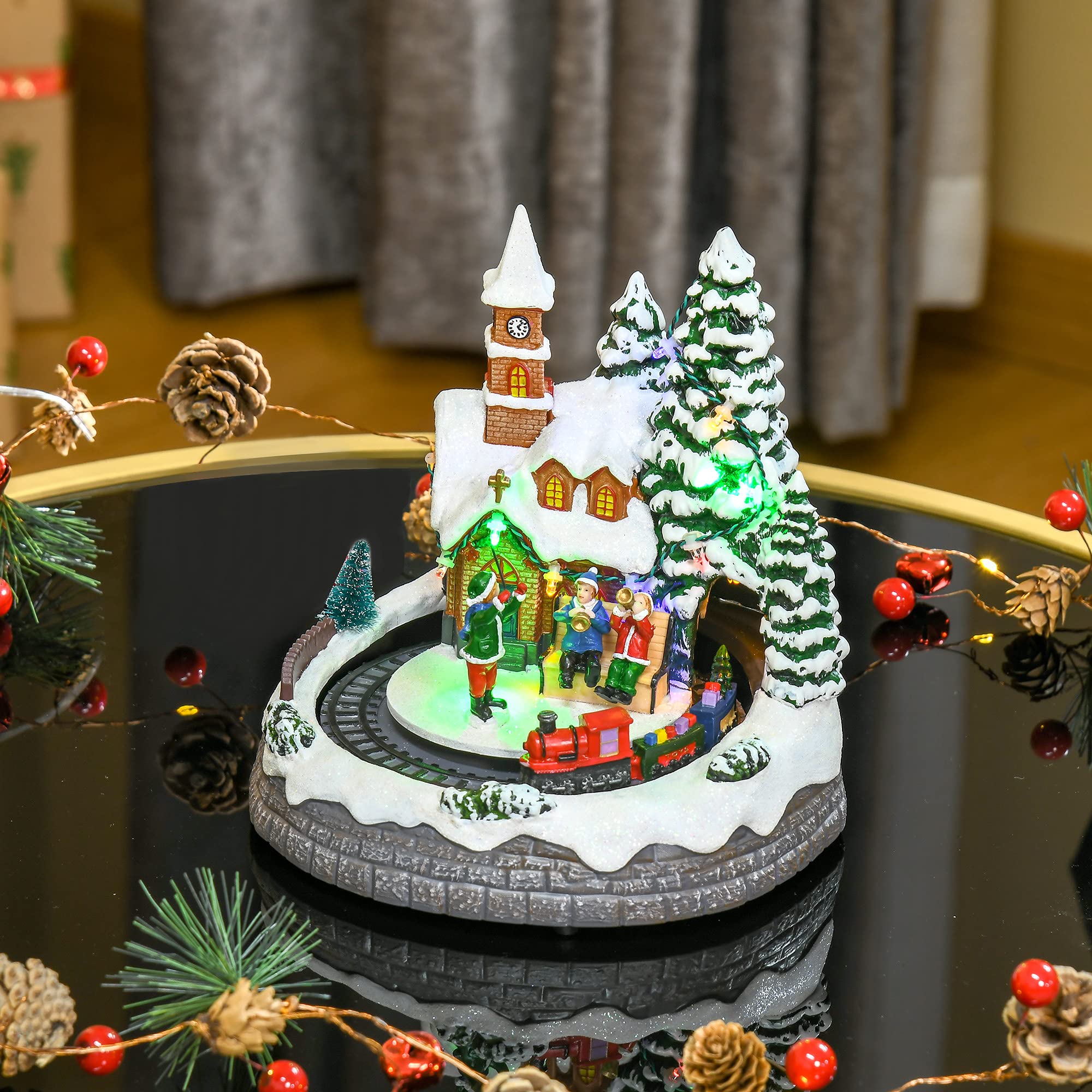 HOMCOM Animated Christmas Village, Pre-lit Musical Collectable Decor with Moving Train for Indoor Holiday Displays, Built-in LED Lights for Tabletop