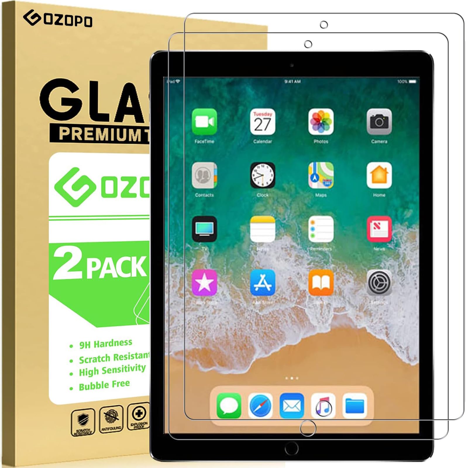 GOZOPO 2-Pack Screen Protector For iPad 9.7 / iPad Air 1, 2, Pro 9.7 - Scratch Resistant Tempered Glass Film